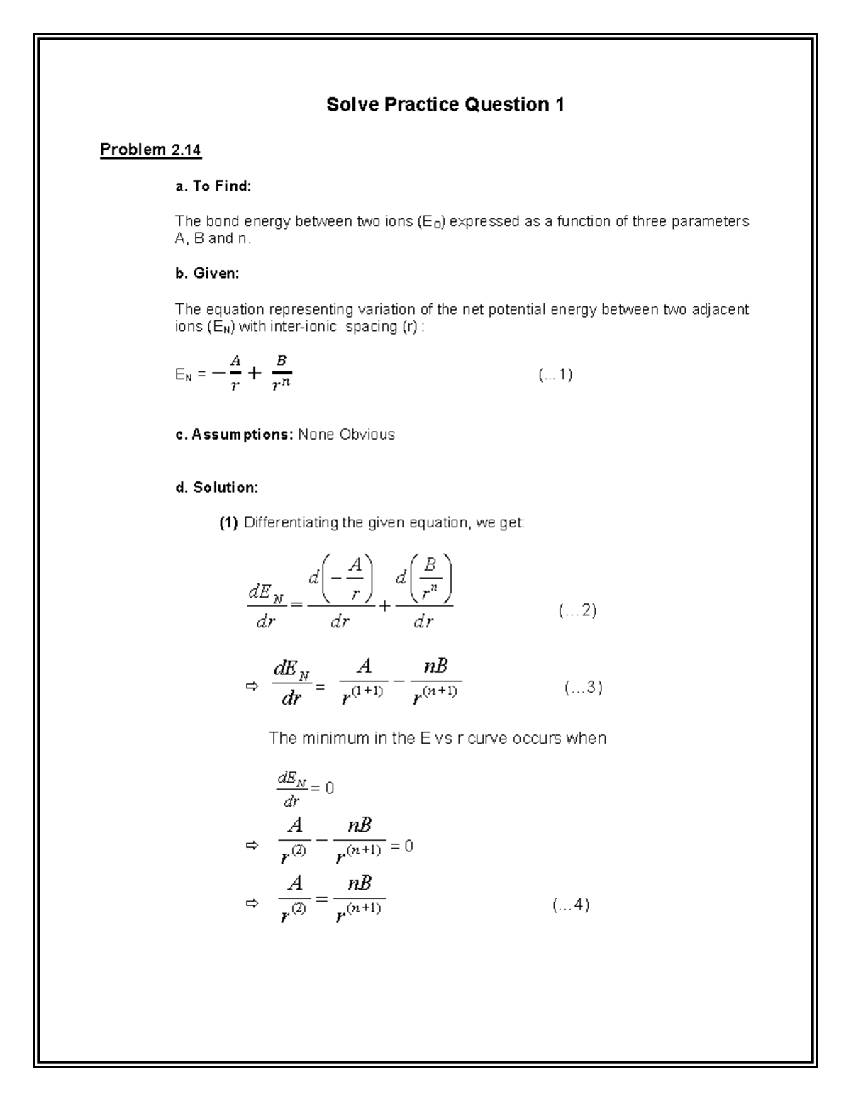 Practice 1 - Notes - ####### Solve Practice Question 1 The bond energy ...