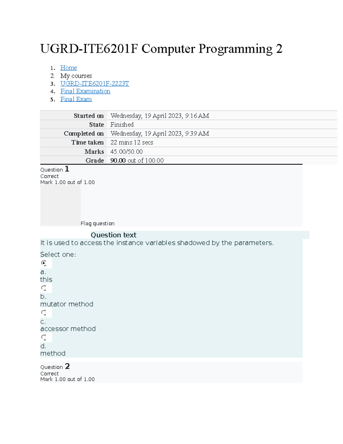 UGRD-ITE6201F Computer Programming 2 Final Exam - UGRD-ITE6201F Computer Programming 2 Home My ...
