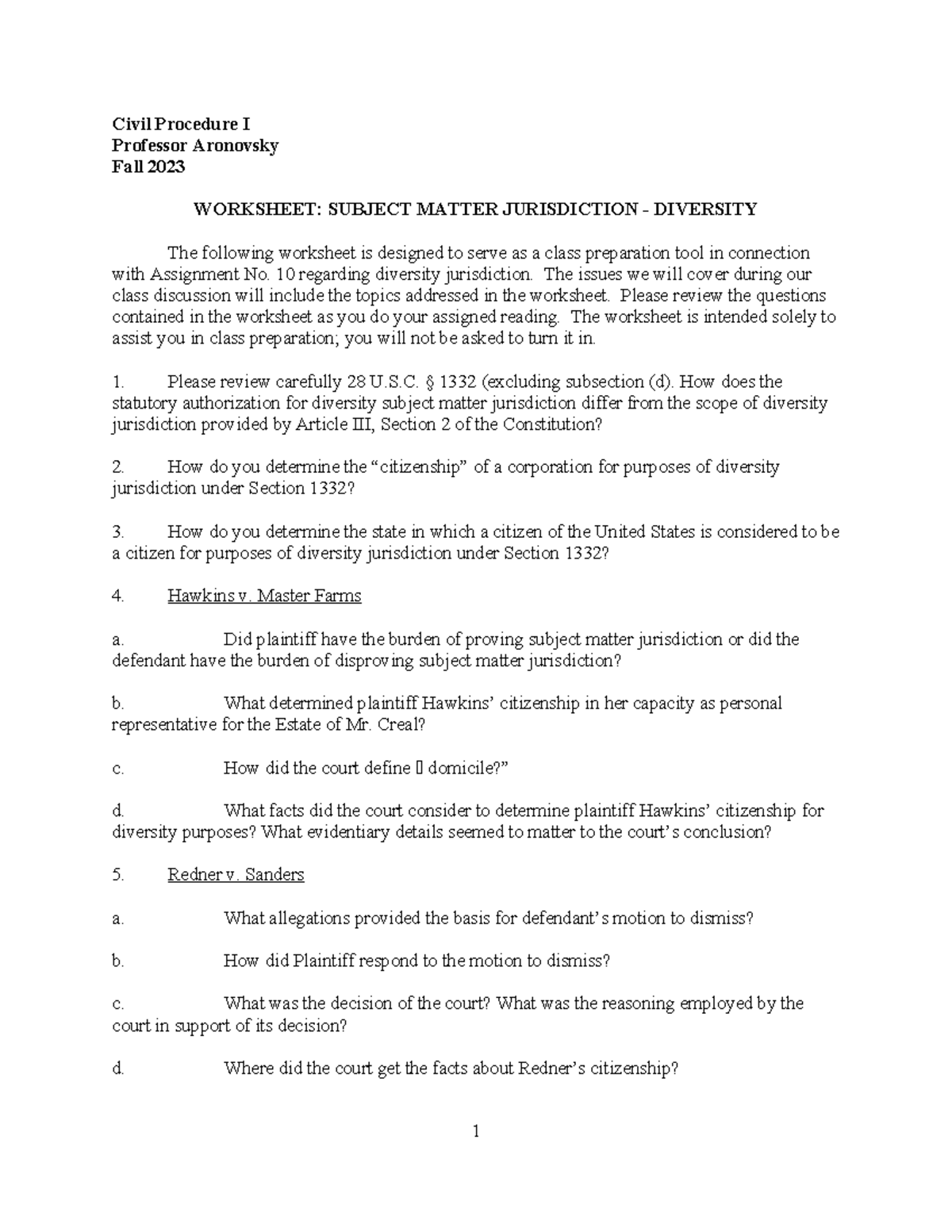 2023 Civ Pro I Diversity Worksheet (Week 10) - Civil Procedure I ...