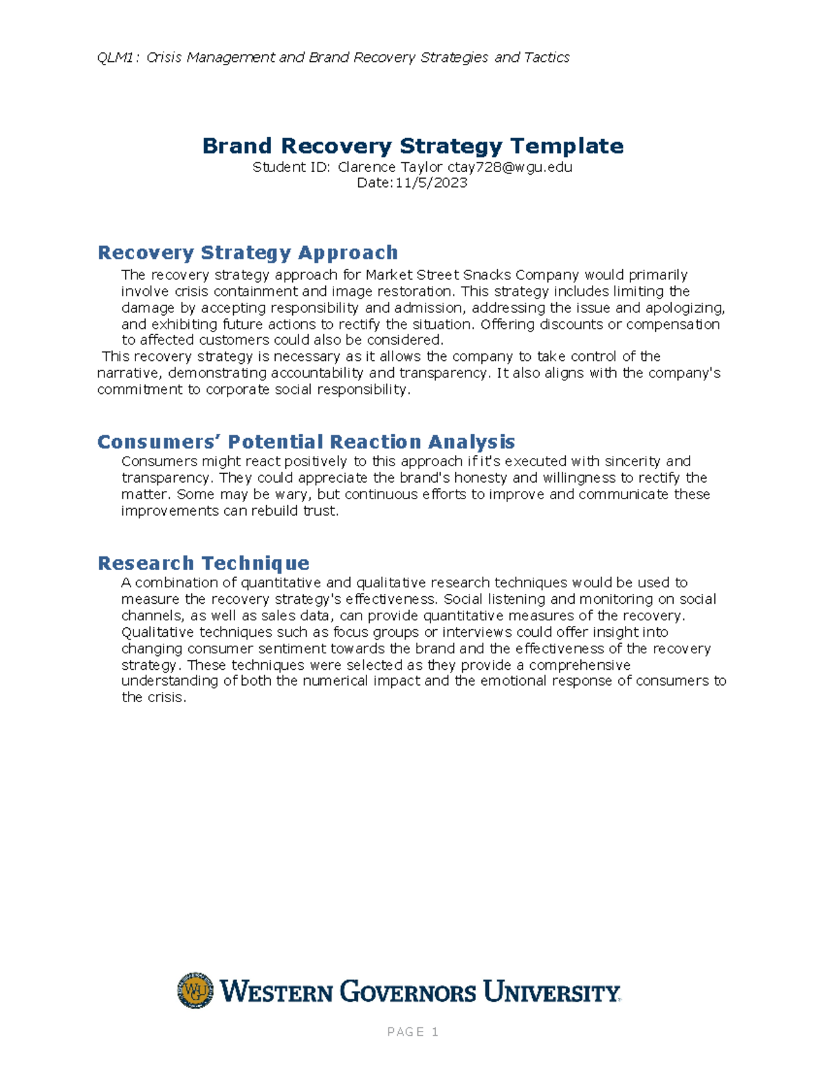 Brand Recovery Strategy Clarence Taylor - QLM1: Crisis Management and ...