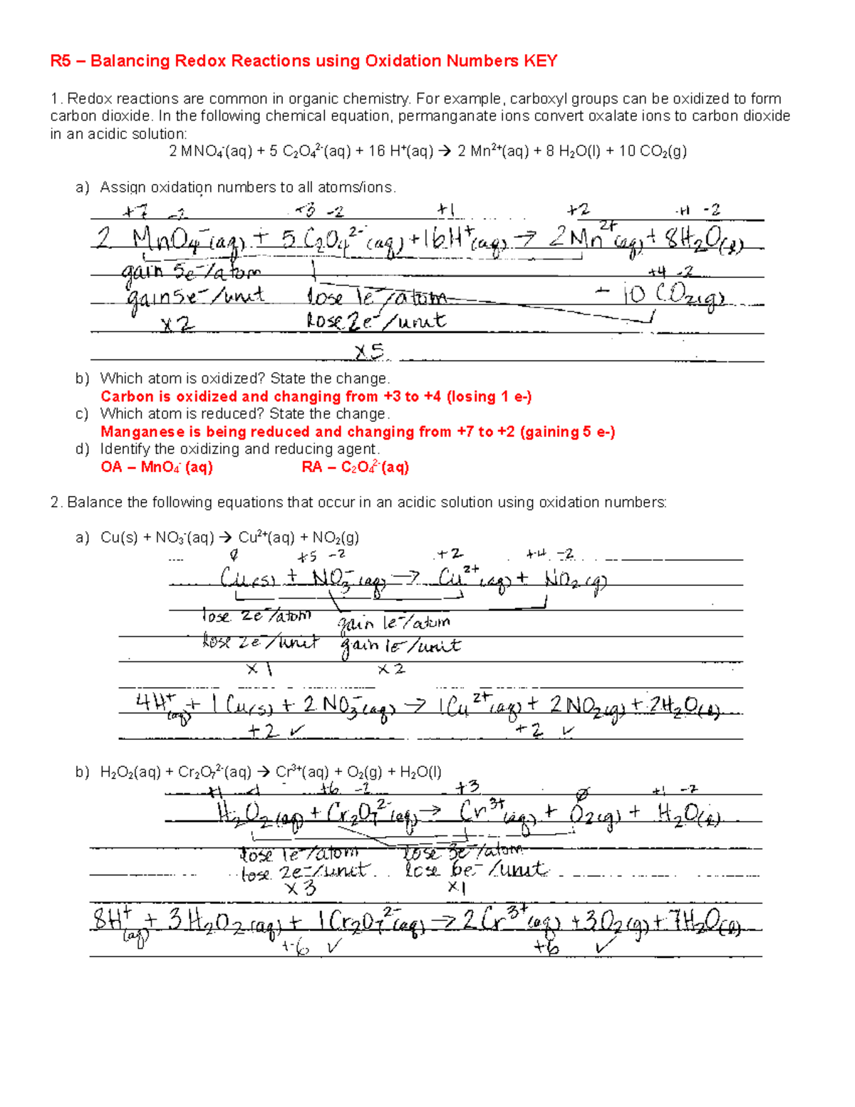R5 Practice Questions KEY - R5 – Balancing Redox Reactions using ...