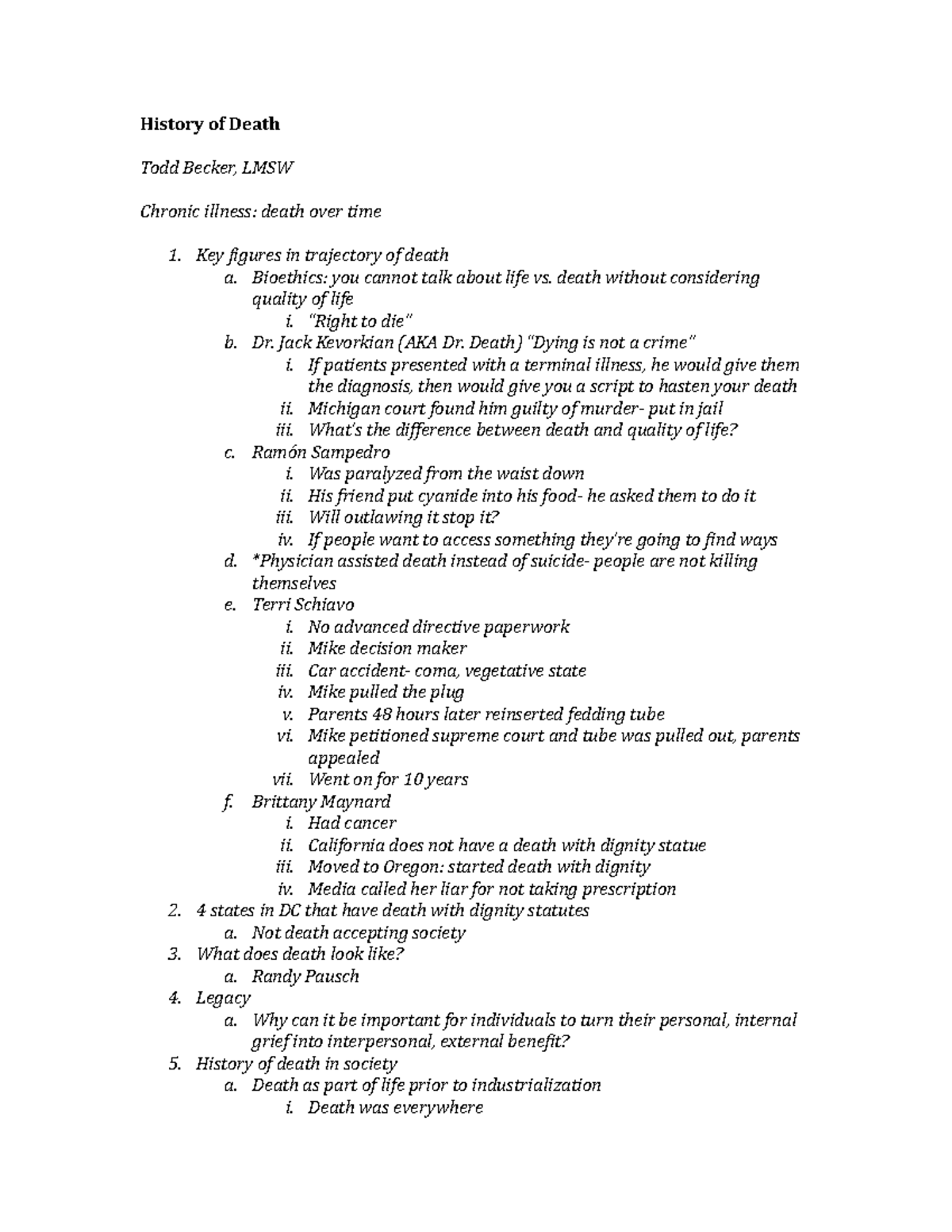 History of Death - lecture notes - History of Death Todd Becker, LMSW ...