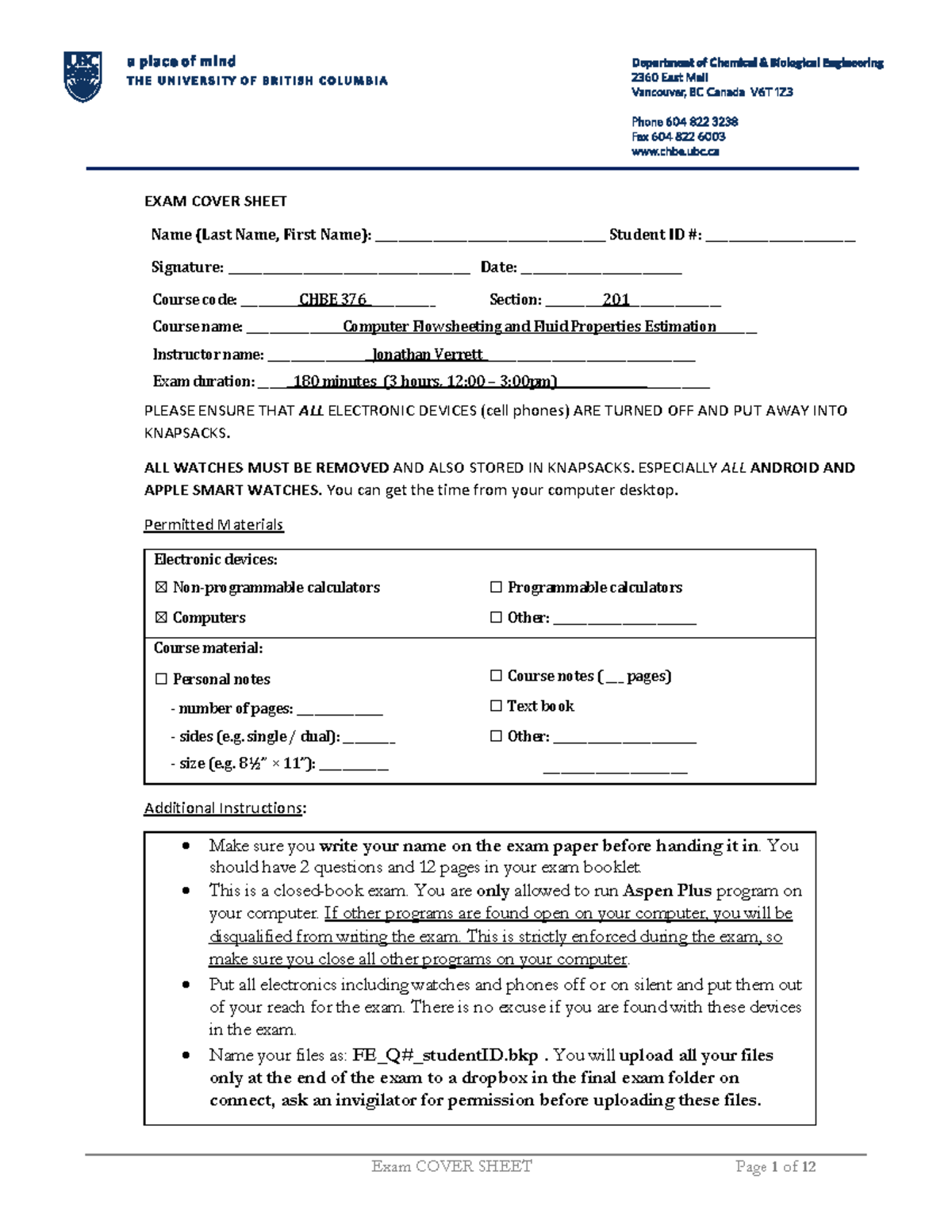 (2017 ) Final Exam - Past Paper 2017 - Exam COVER SHEET Page 1 of 12 ...