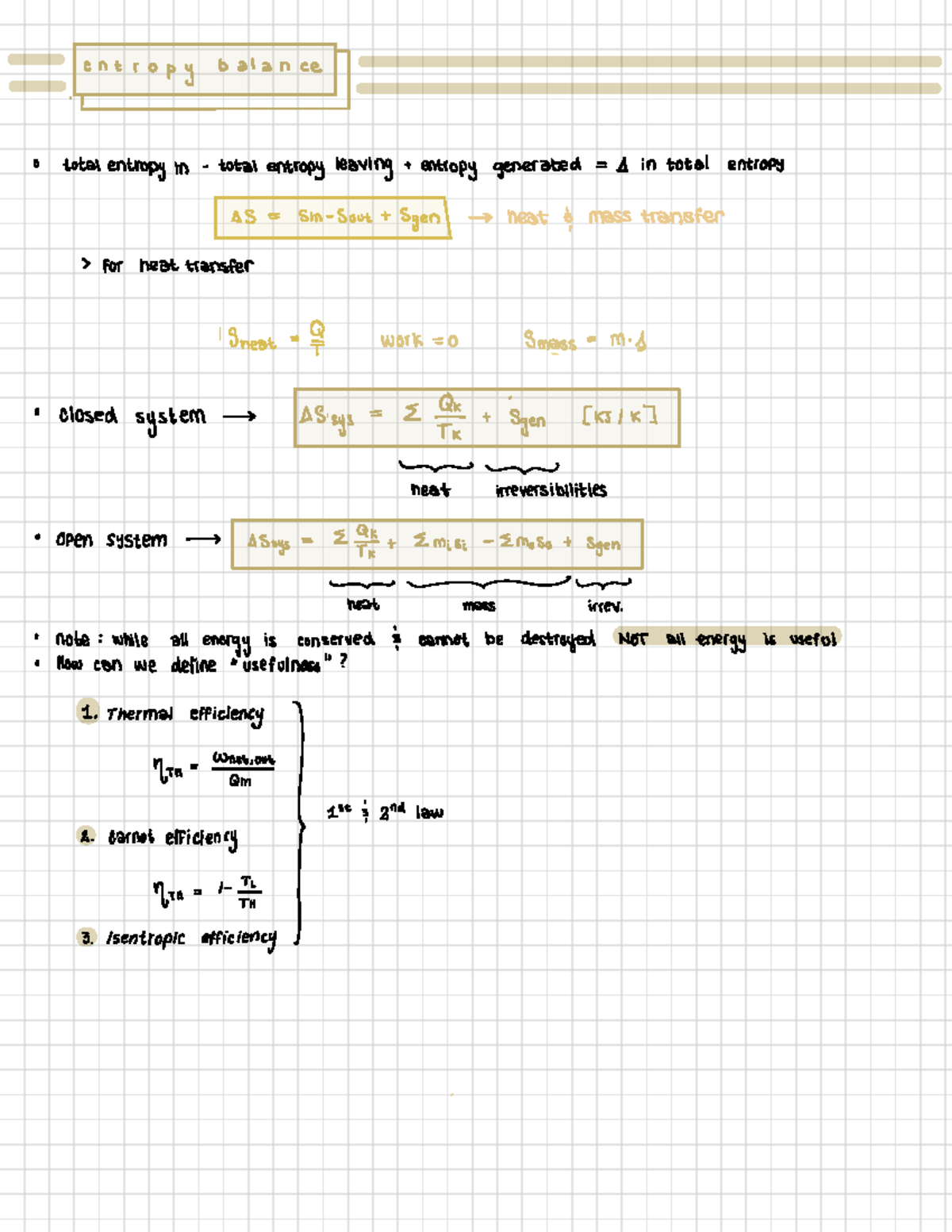 Entropy Balance - Summary Applied Thermodynamics - entropy balance · o ...