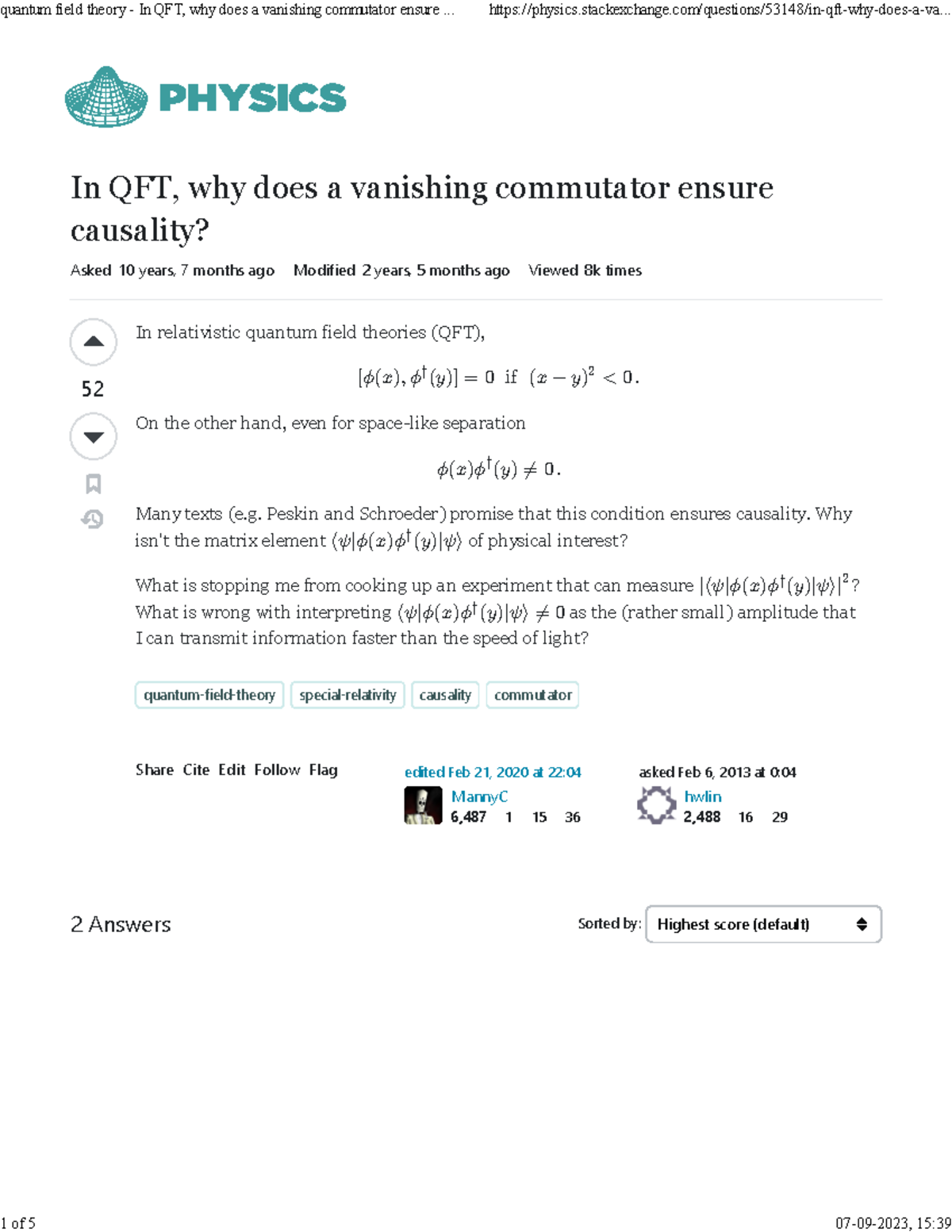 Quantum field theory - In QFT, why does a vanishing commutator ensure causality - Physics Stack ...