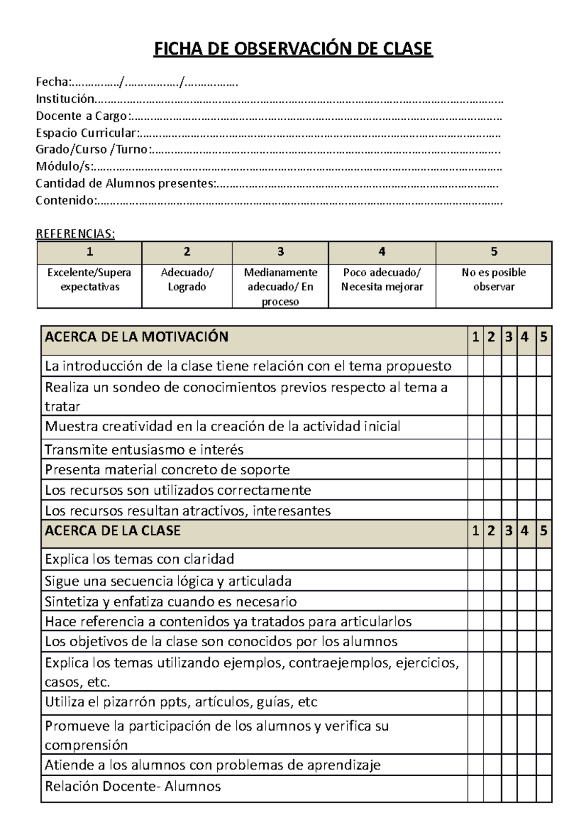 Ficha DE Observación DE Clase - FICHA DE OBSERVACIÓN DE CLASE - Studocu