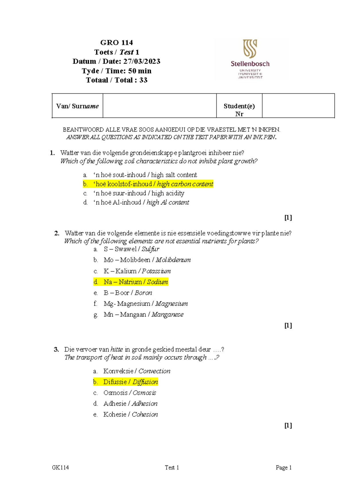 2023 GK114T1 - memo - GRO 114 Toets / Test 1 Datum / Date: 27/03/ Tyde ...