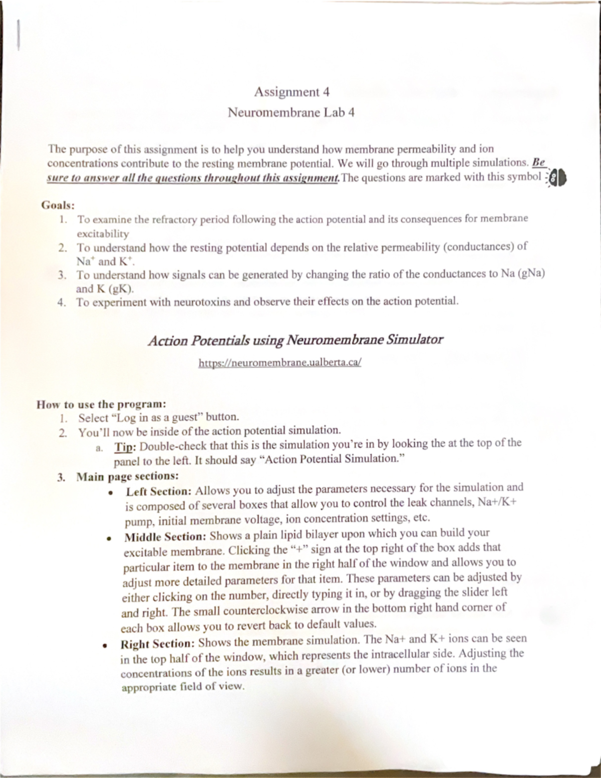 Assignment 4 SELL - Assignment 4 Neuromembrane Lab 4 The purpose of ...