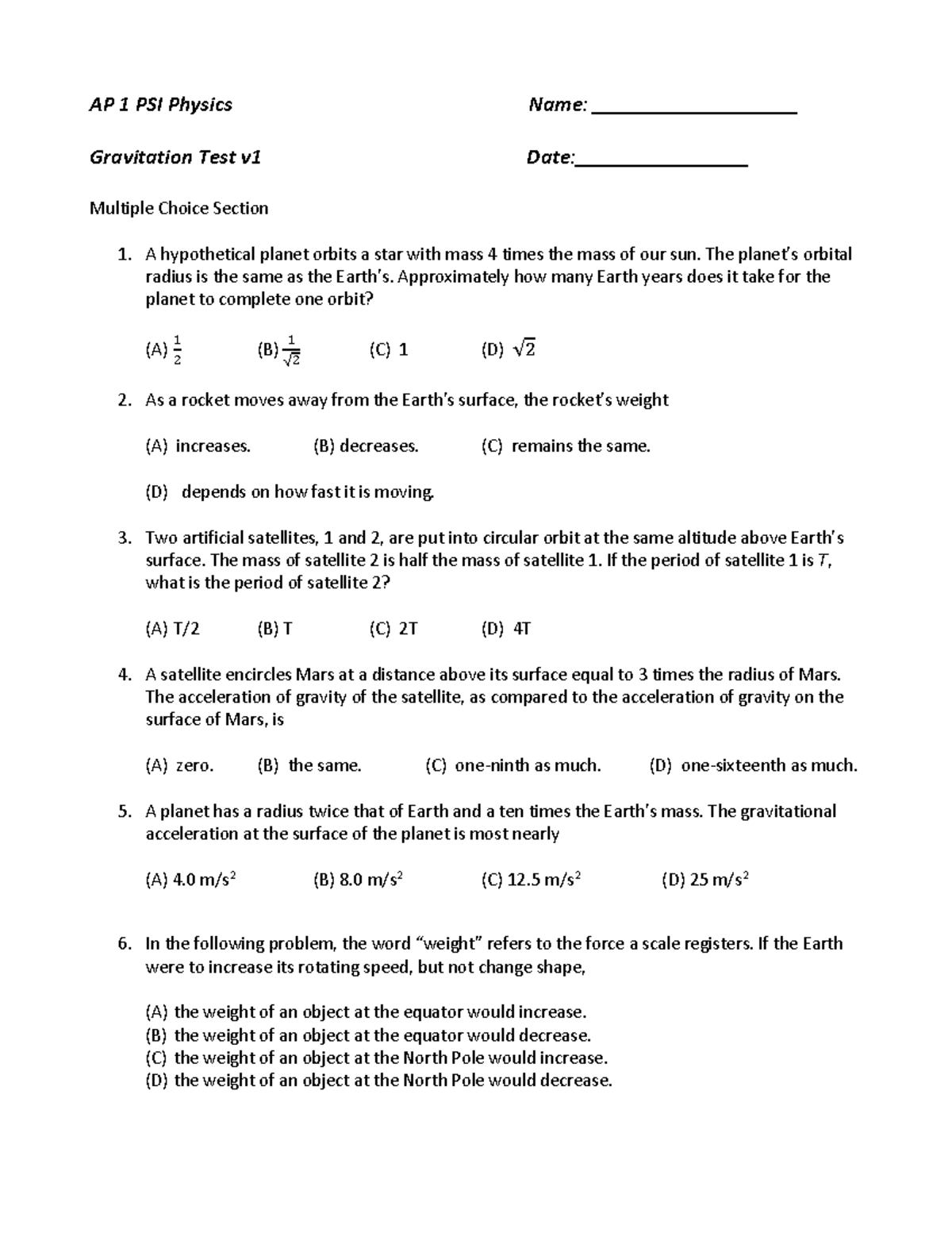 Ap-phys1 ap1-gravitation-test-v1 2016-12-20 - AP 1 PSI Physics Name ...