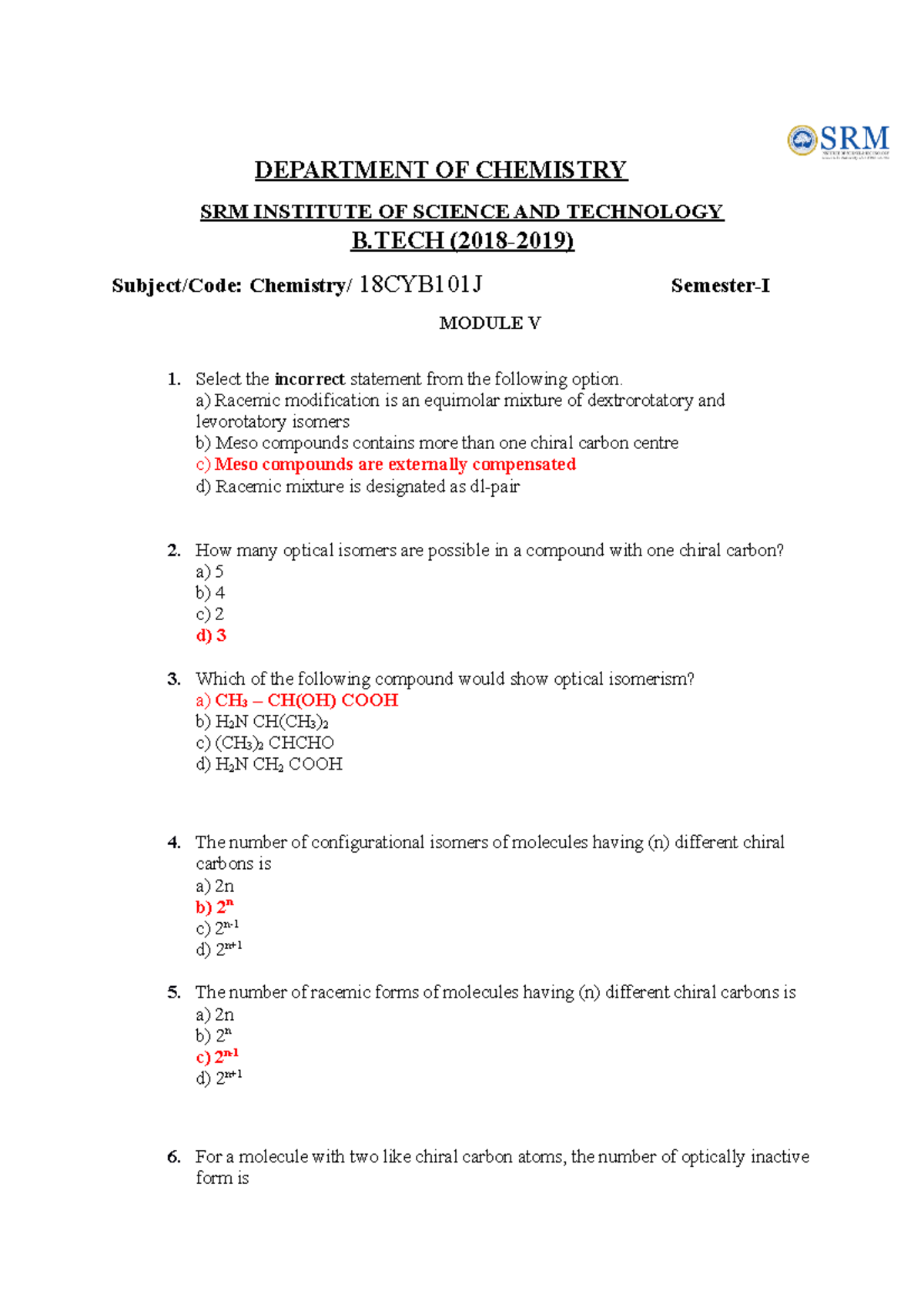 Chemistry unit 5 MCQ - DEPARTMENT OF CHEMISTRY SRM INSTITUTE OF SCIENCE ...