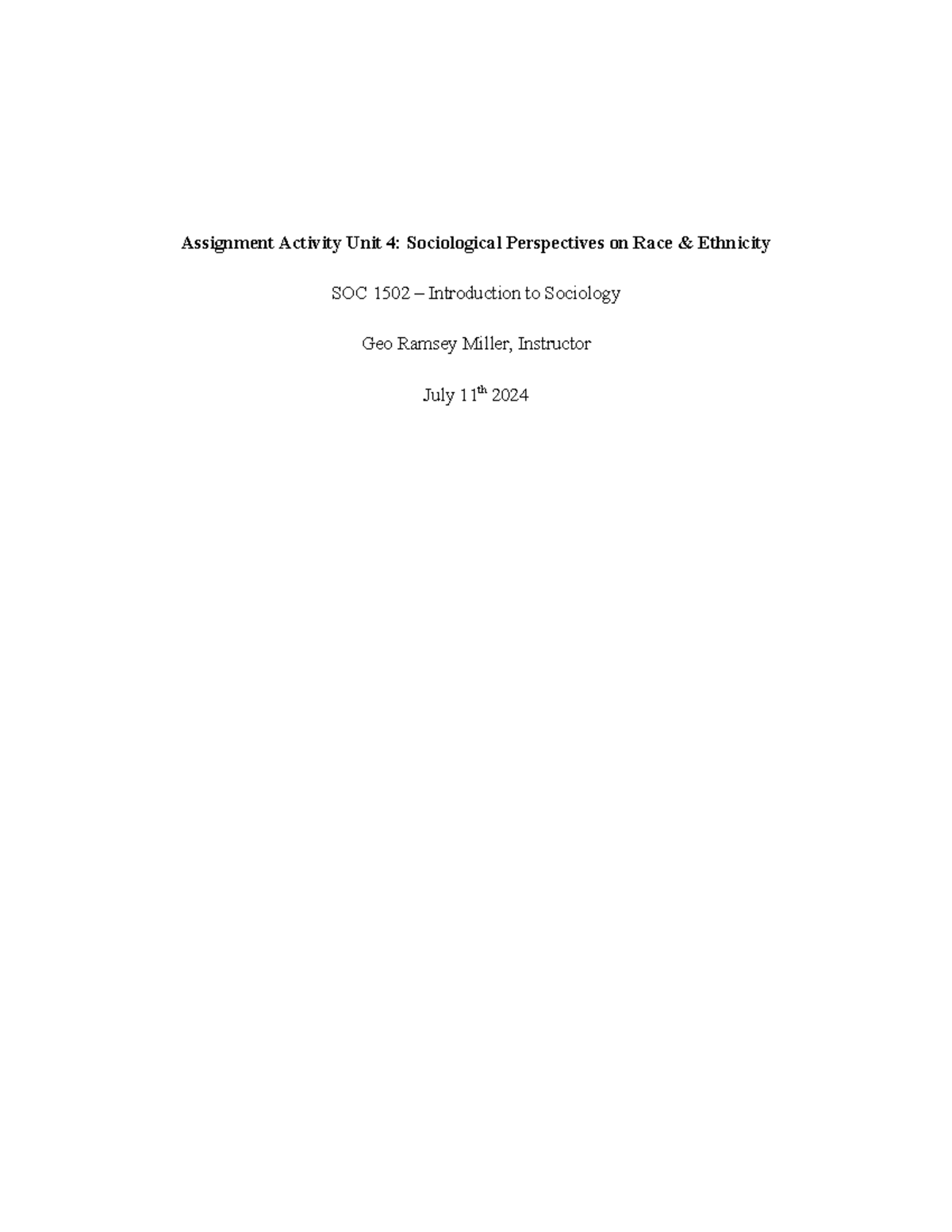 SOC 1502 - Assignment Activity Unit 4 - Assignment Activity Unit 4: Sociological Perspectives on ...