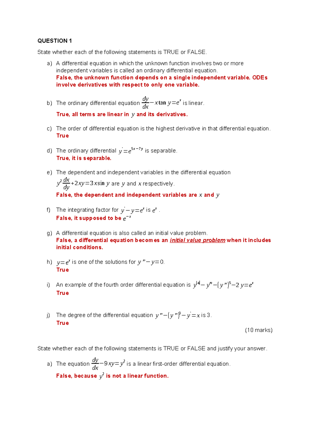 Practice for MAT300 - QUESTION 1 State whether each of the following statements is TRUE or FALSE ...