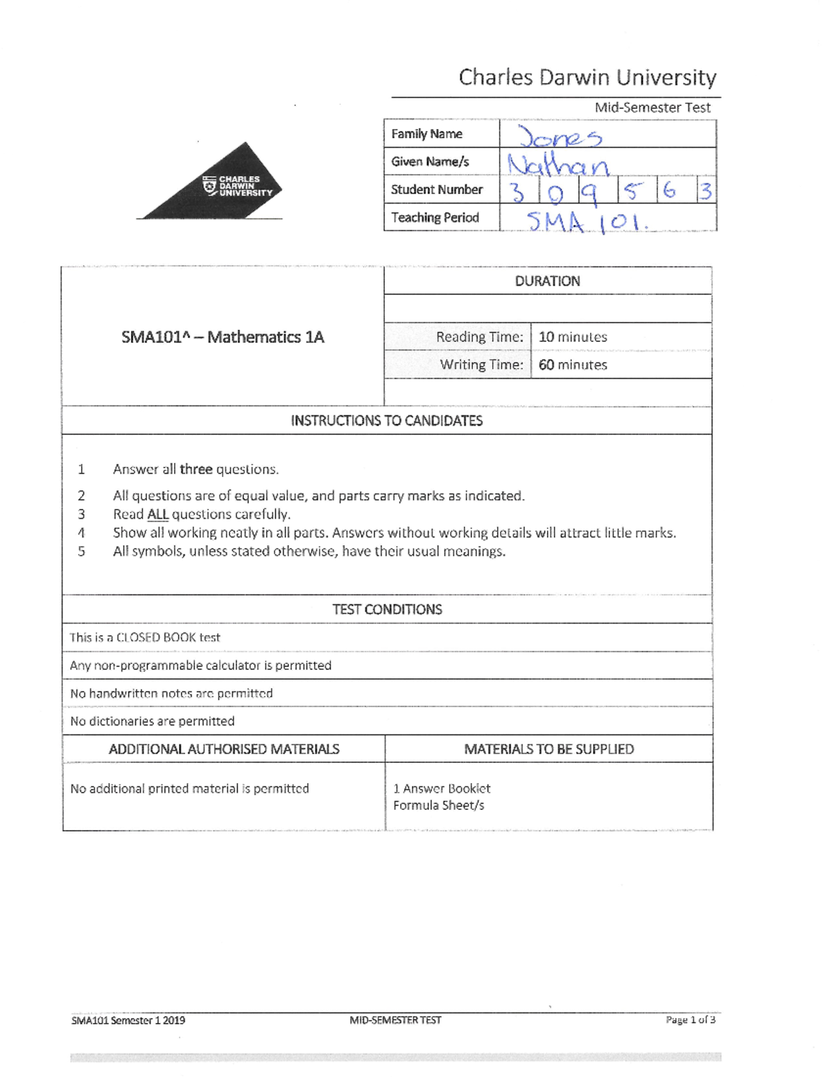 Mid semester Exam SMA101 - SMA101 - Studocu