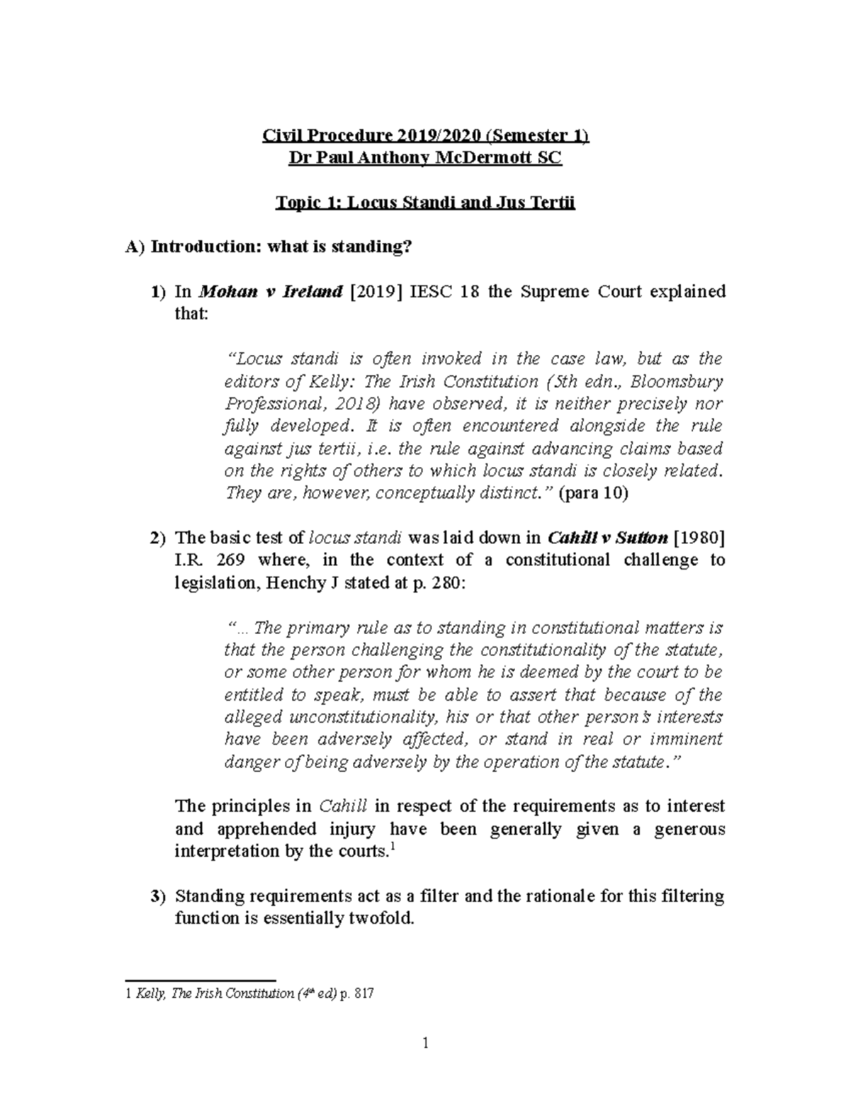 Civil Procedure 2019 Topic 1 Standing - Civil Procedure 2019/2020 ...