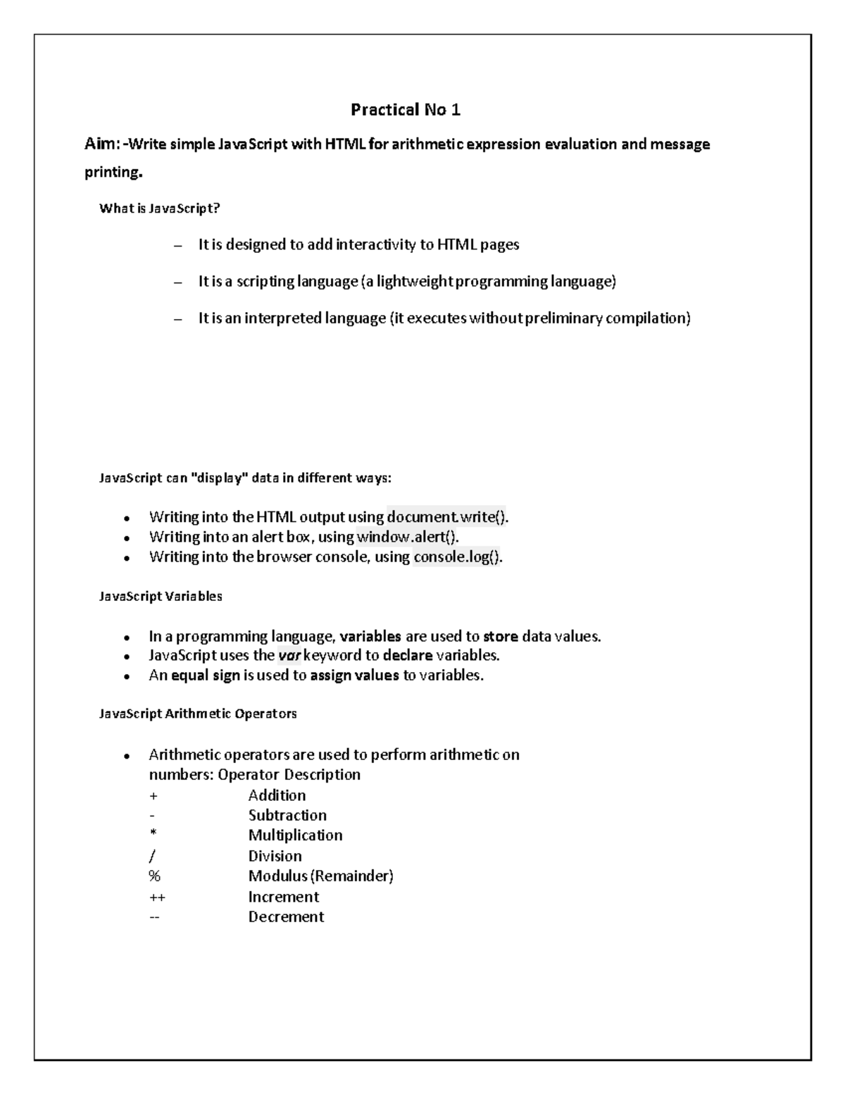 Tatarrrnew - notes - Practical No 1 Aim:-Write simple JavaScript with ...