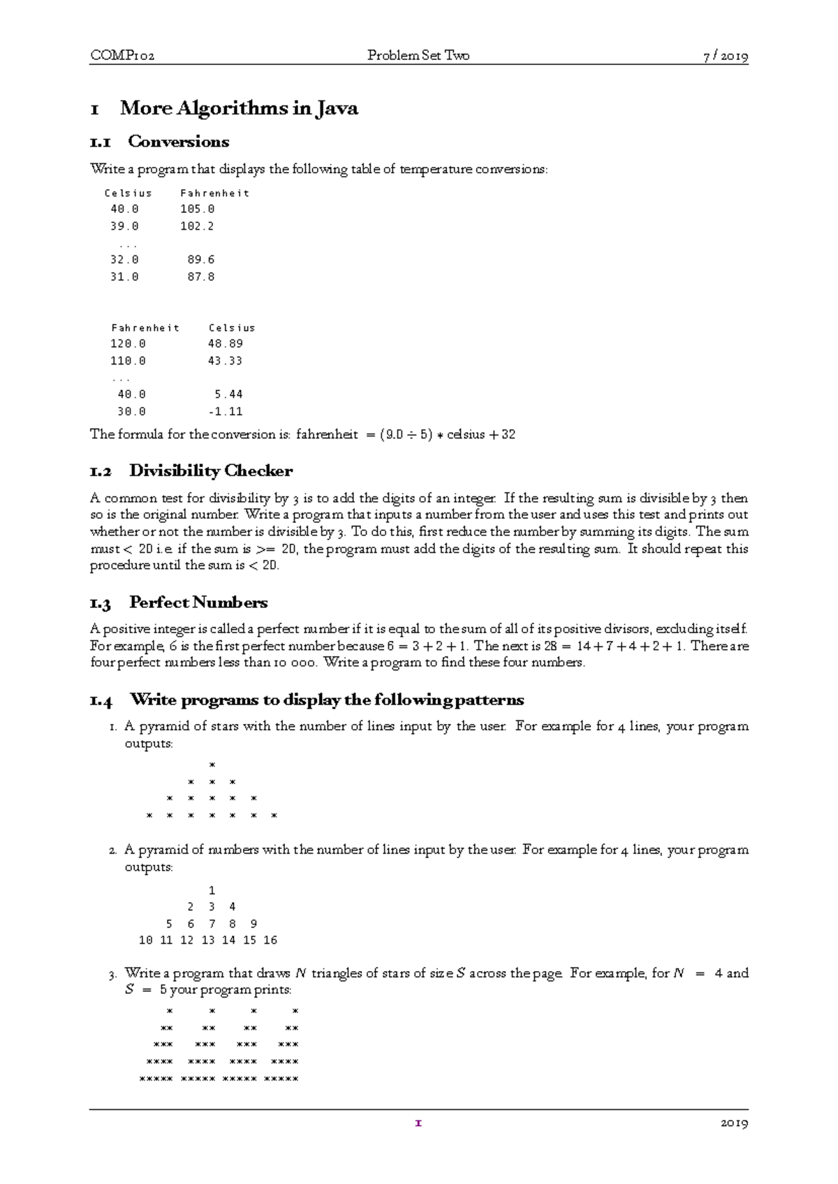 Practical Two-2019 - COMP102 Problem Set Two 7 / 2019 1 More Algorithms in Java 1 Conversions ...