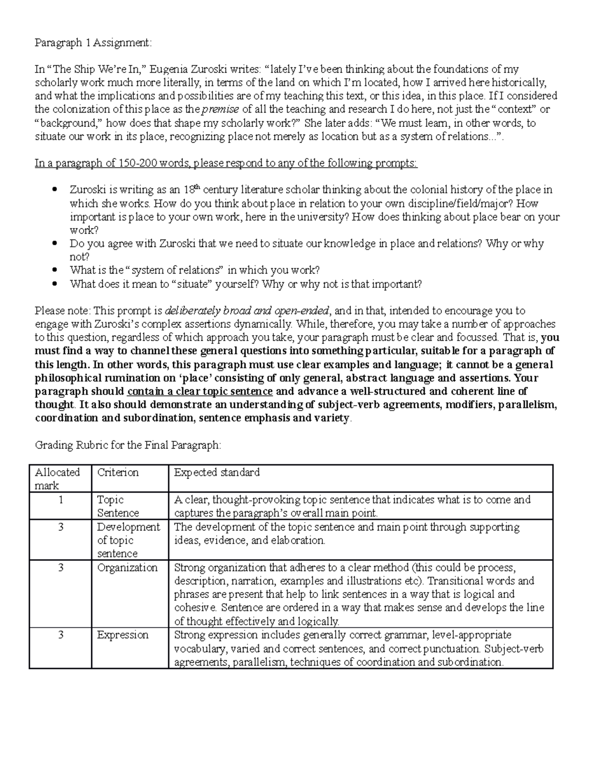 Paragraph 1 Assignment - Paragraph 1 Assignment: In “The Ship We’re In ...
