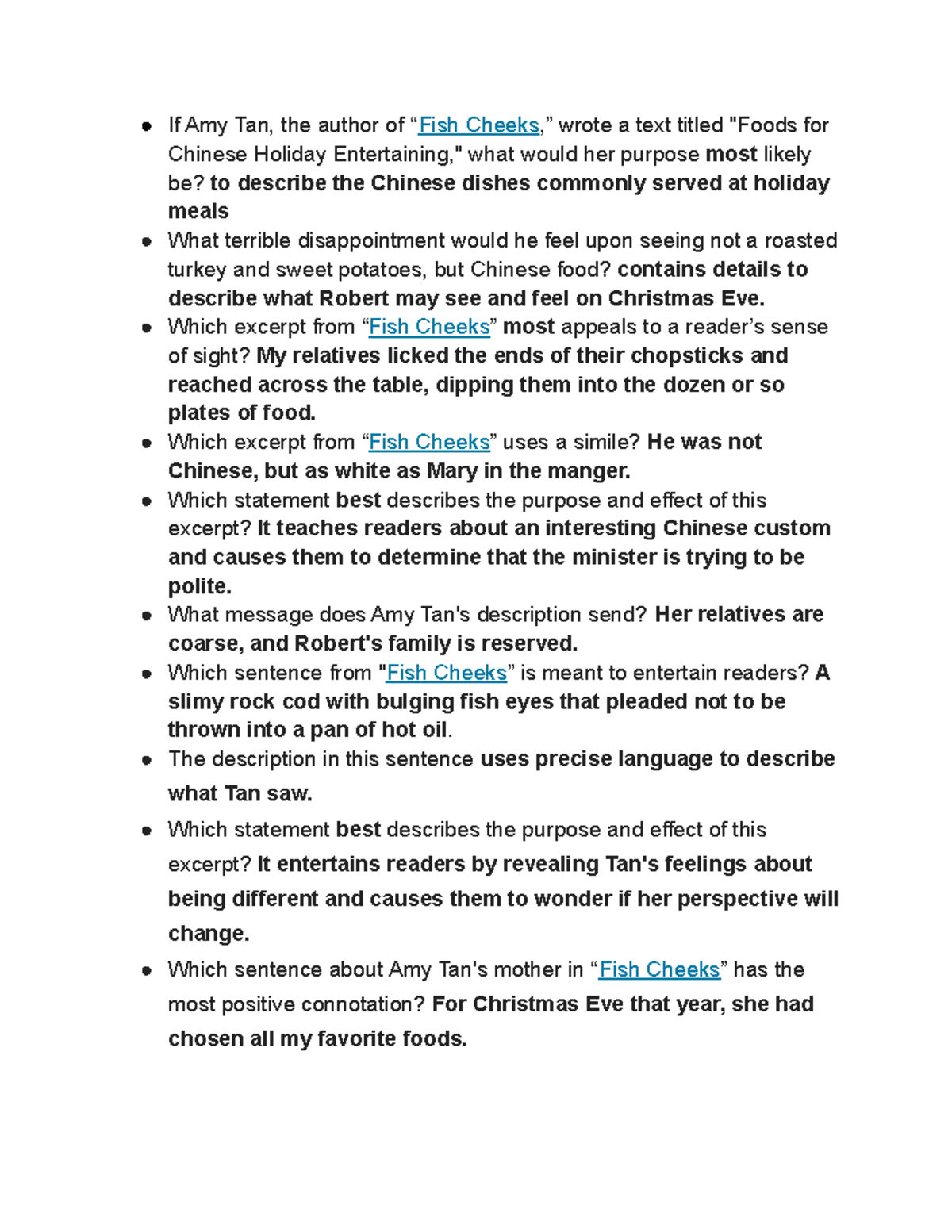 Descriptive Word Choice in Fish Cheeks Quiz - If Amy Tan, the author of ...