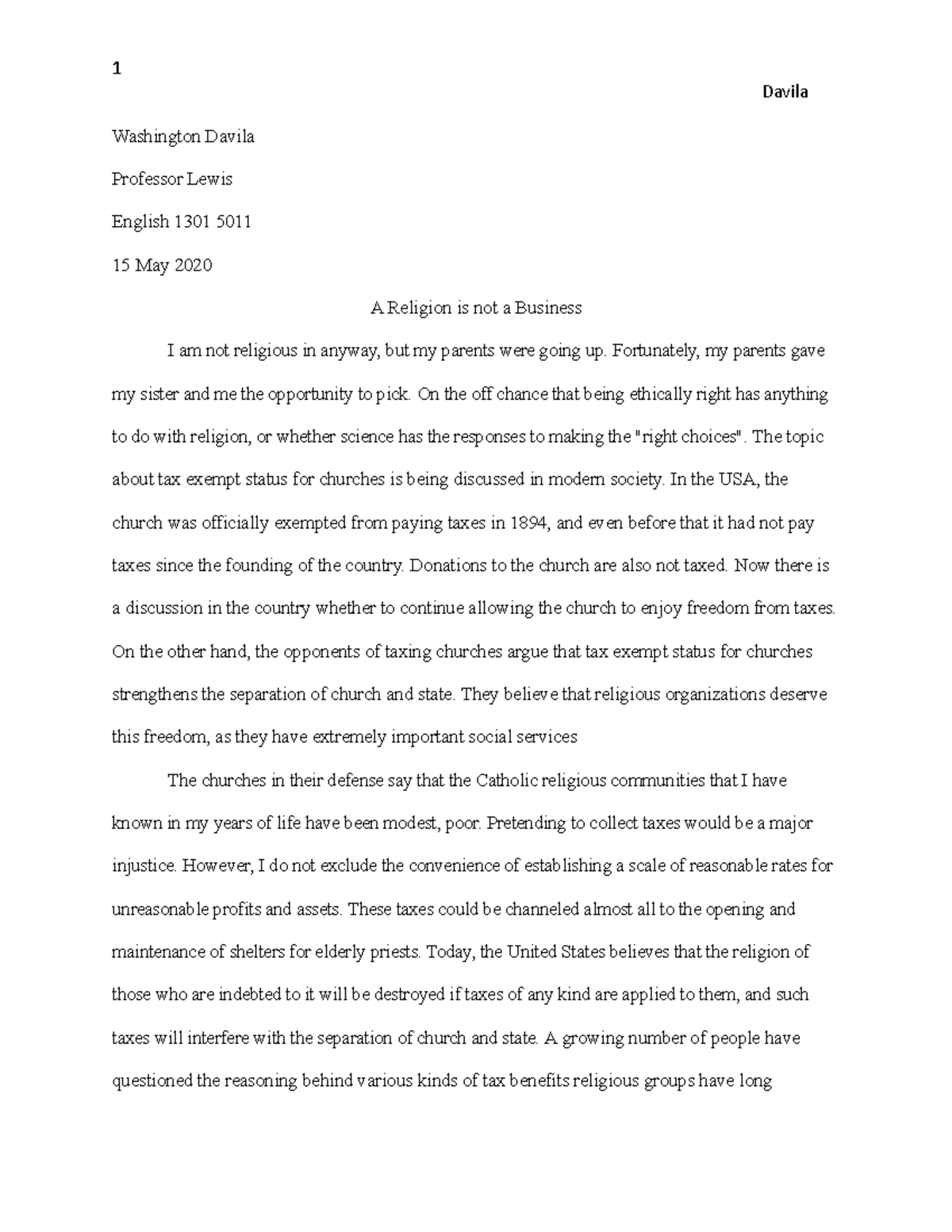 Argumentative Rough Draft 1 - Davila Washington Davila Professor Lewis ...