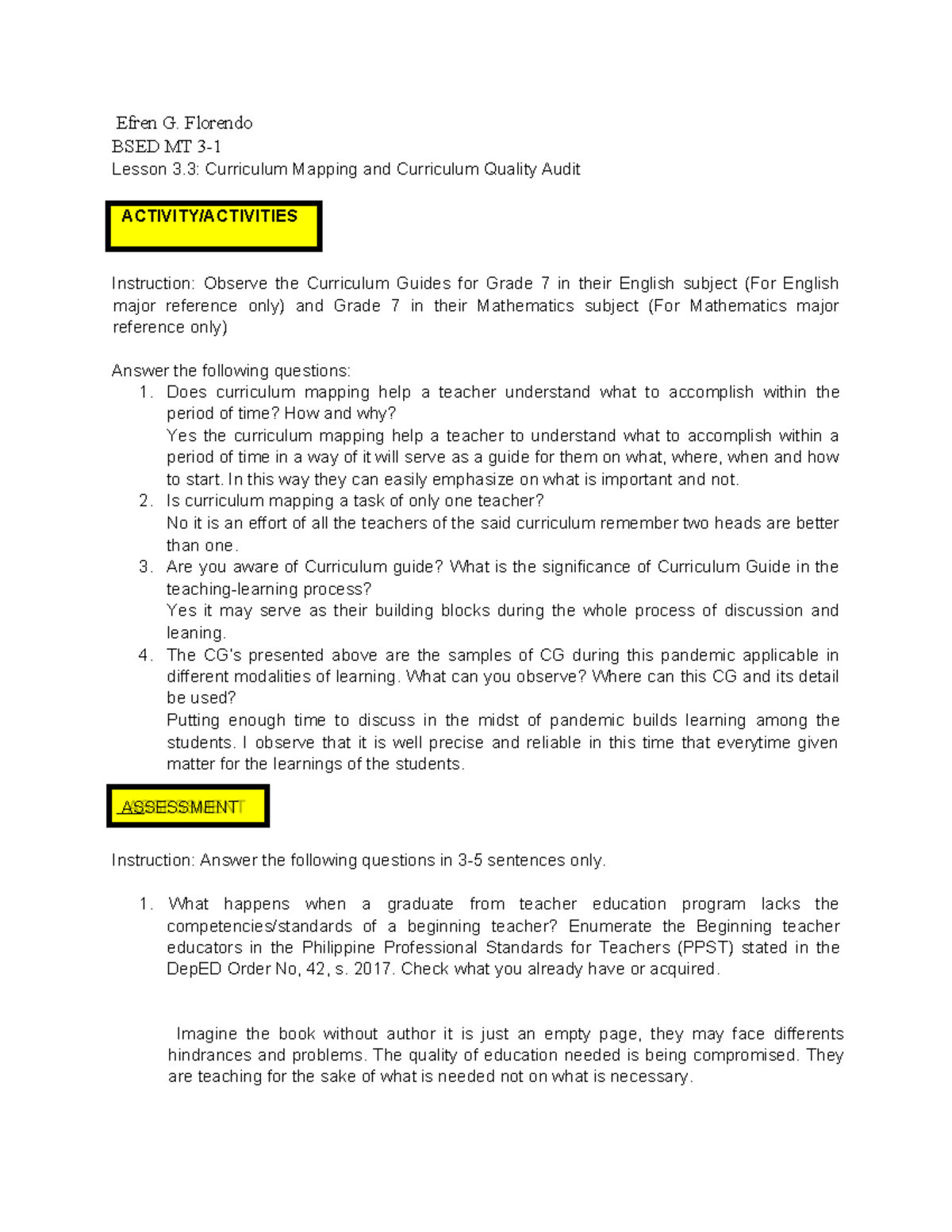 Curriculum mapping - Efren G. Florendo BSED MT 3- Lesson 3: Curriculum ...
