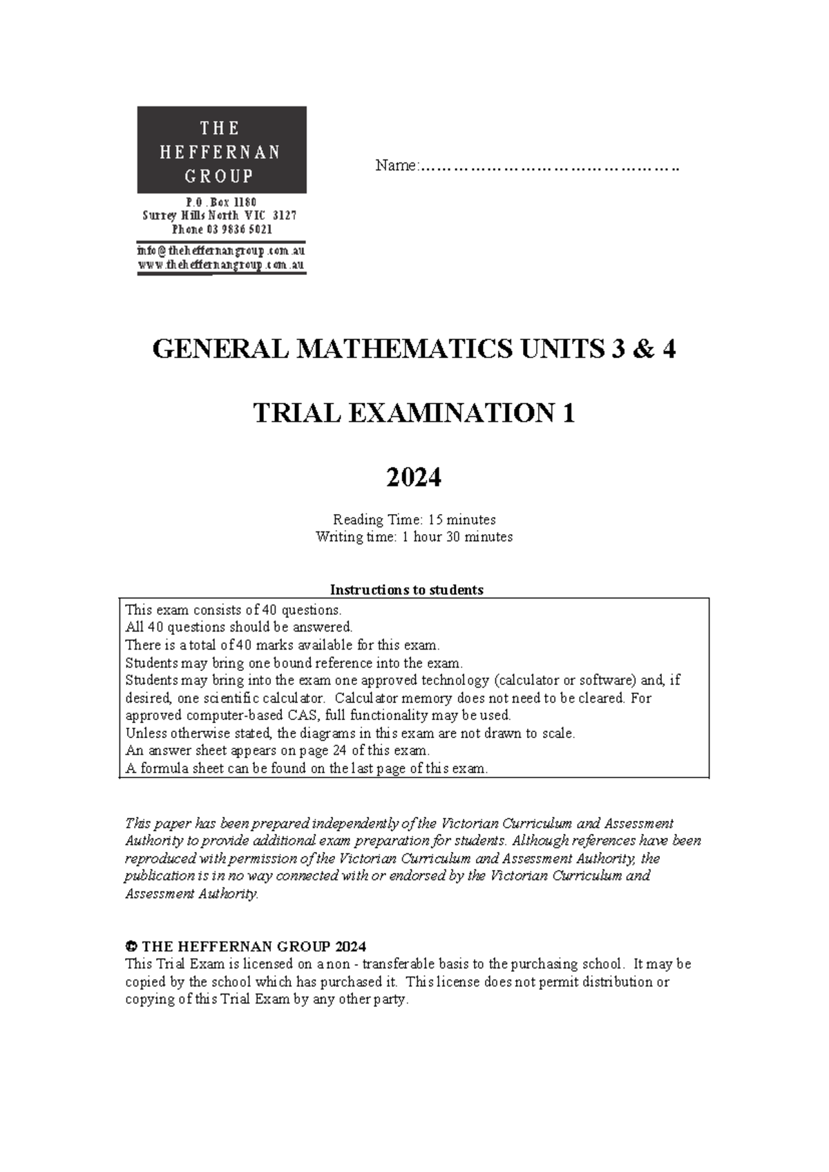 2024 General Maths Units 3 & 4 Exam 1 - ####### Name ...