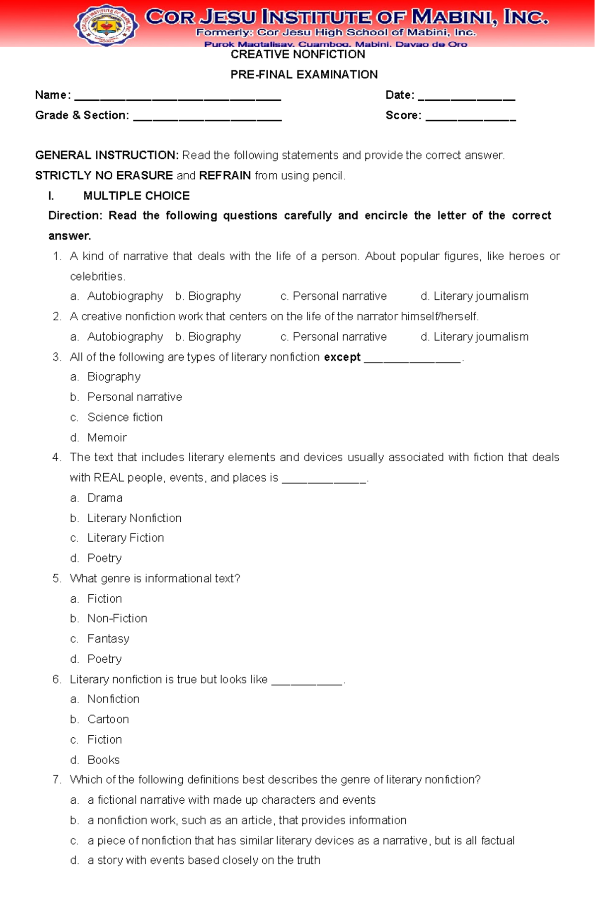Final Midterm TQ Creative Nonfiction - CREATIVE NONFICTION PRE-FINAL EXAMINATION Name: - Studocu