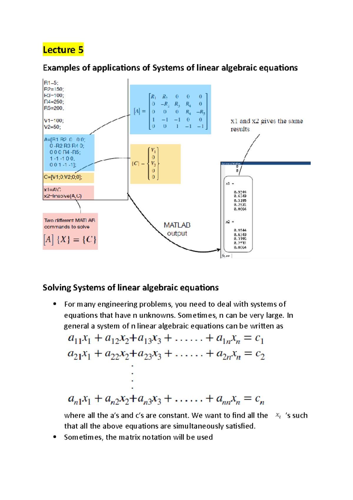 Lecture 5 - Lecture 5 Examples of applications of Systems of linear algebraic equations Solving ...