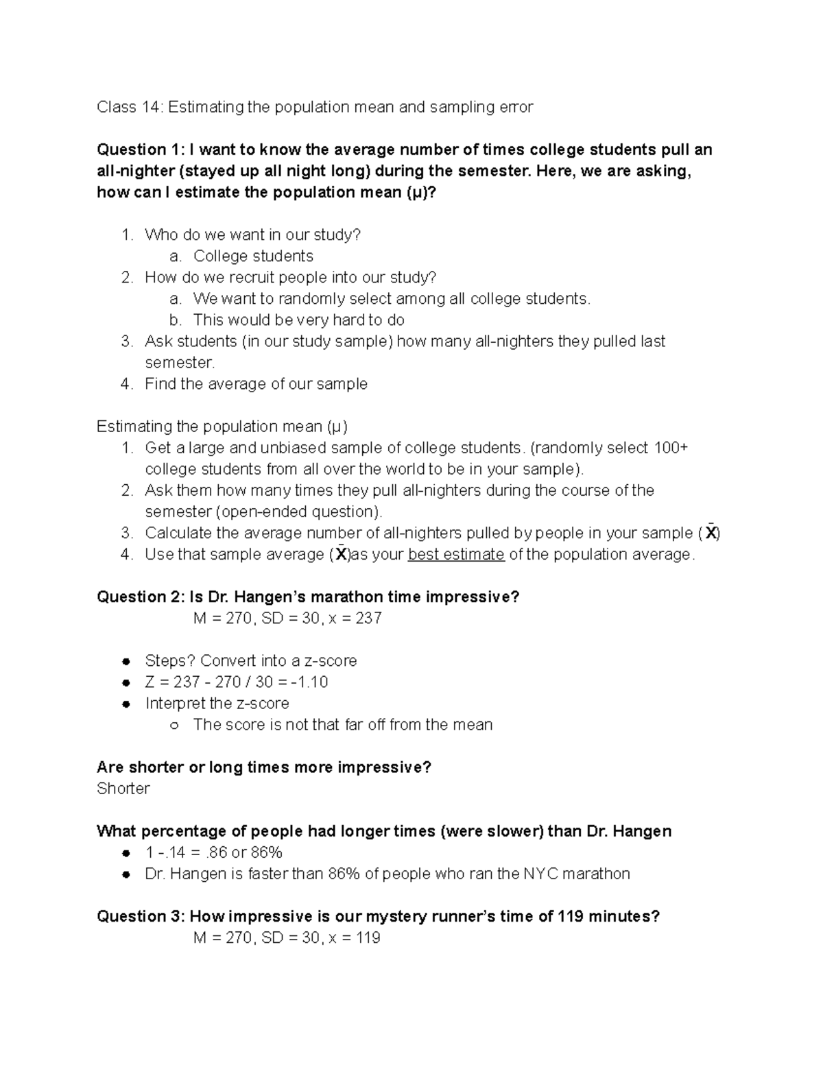 Class 14 Estimating the population mean and sampling error - Here, we ...