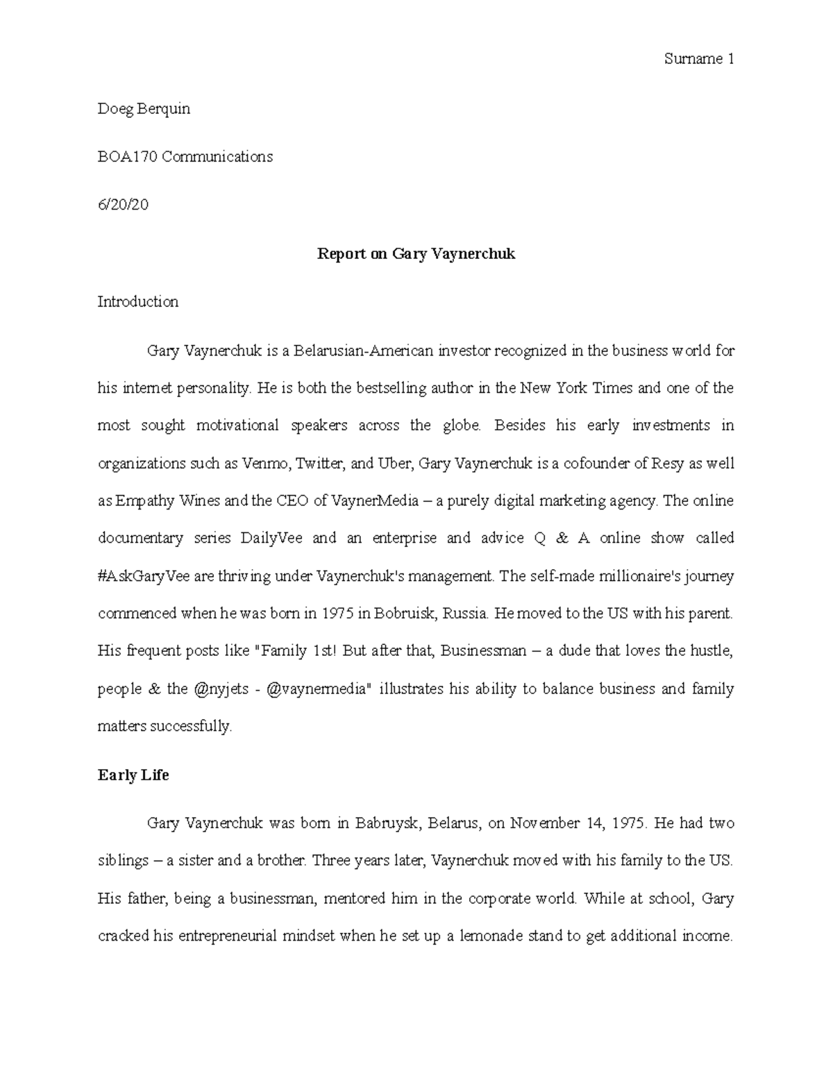 DBerquin Report on Gary Vernachuk - Surname 1 Doeg Berquin BOA170 ...