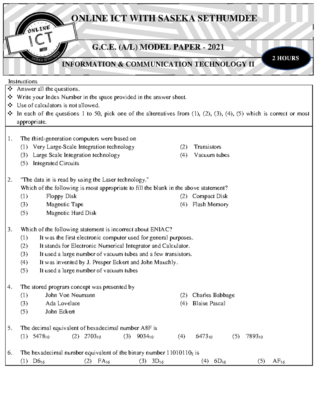Model 1 English MCQ Paper PDF - Instructions Answer all the questions ...