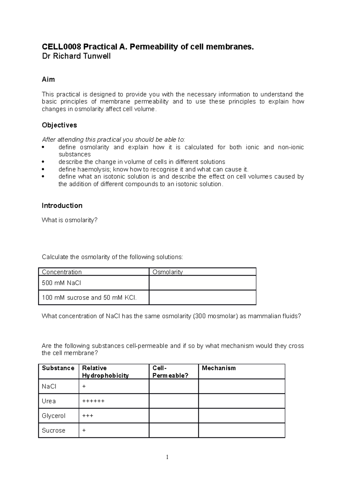 Cell permeability practical 2019 - CELL0008 Practical A. Permeability ...