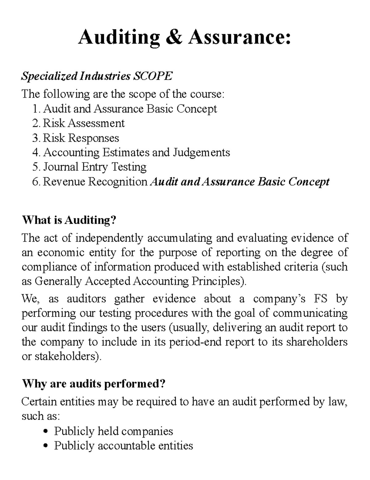 Auditing and Assurance - Lecture Notes - Auditing & Assurance ...