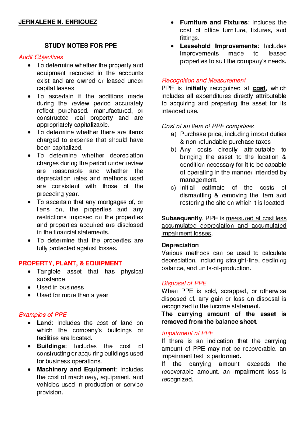 study notes for PPE - JERNALENE N. ENRIQUEZ STUDY NOTES FOR PPE Audit ...