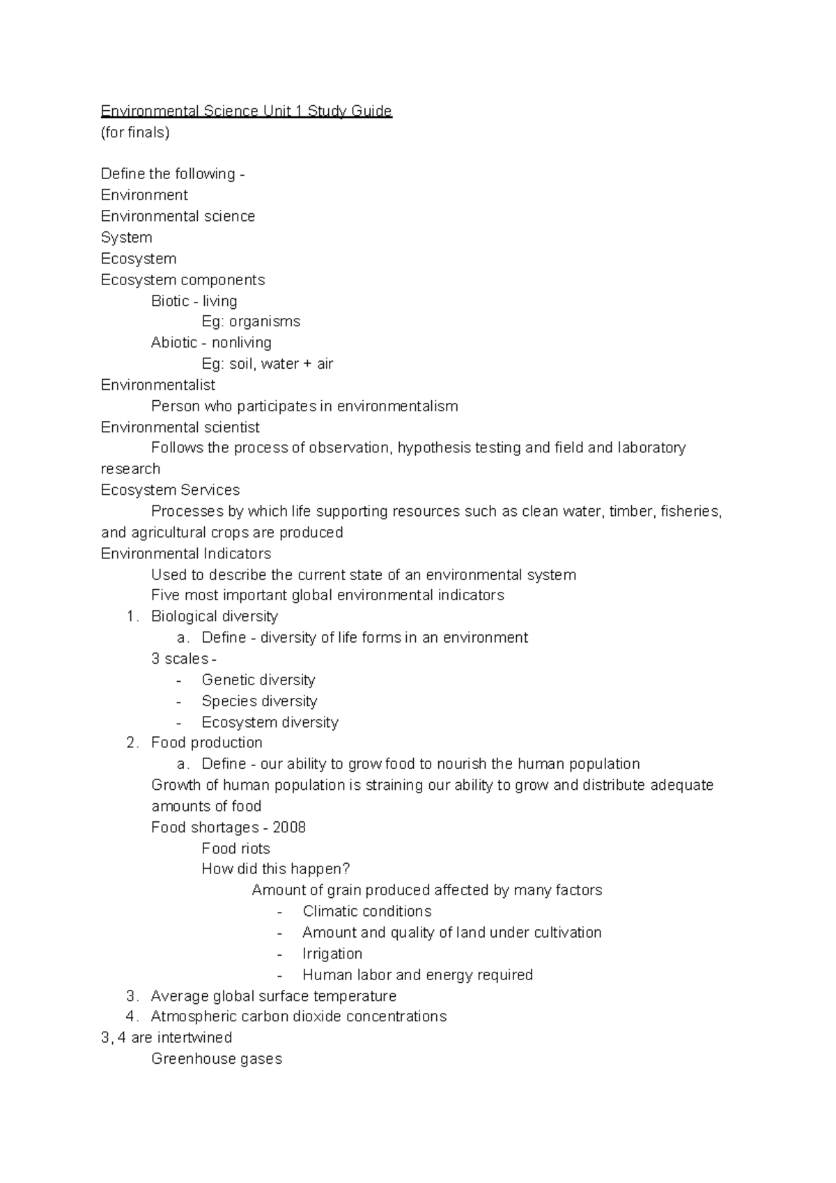 Environmental Science Unit 1 Study Guide - Biological diversity a ...