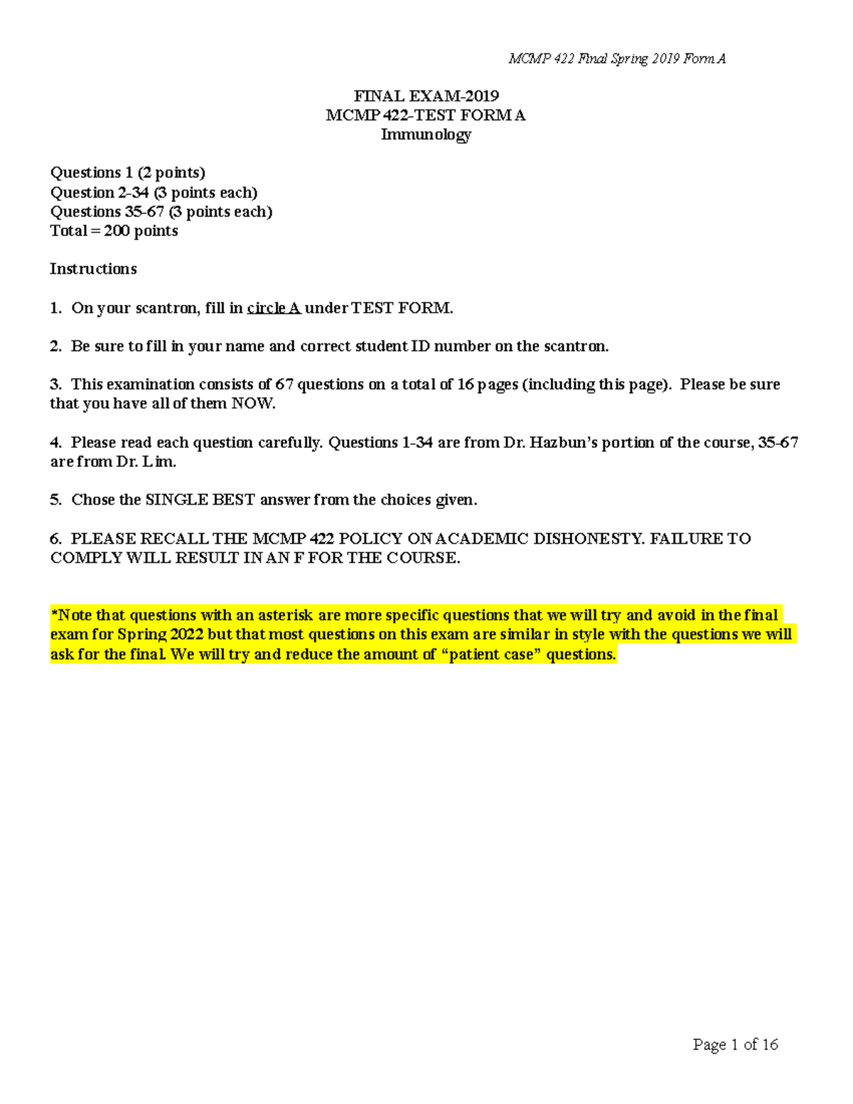 MCMP422 Final 2019 A Key - FINAL EXAM- MCMP 422-TEST FORM A Immunology ...