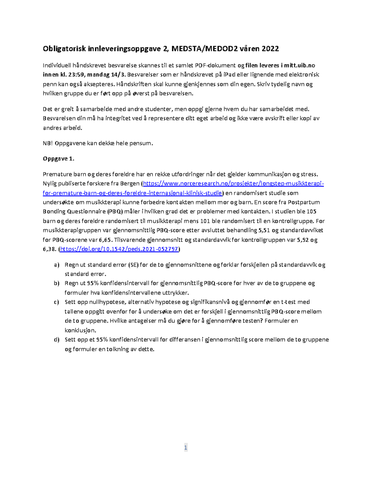 Innlevering 2 2022 - Obligatorisk innleveringsoppgave 2 , MEDSTA/MEDOD2 våren 2022 Individuell ...