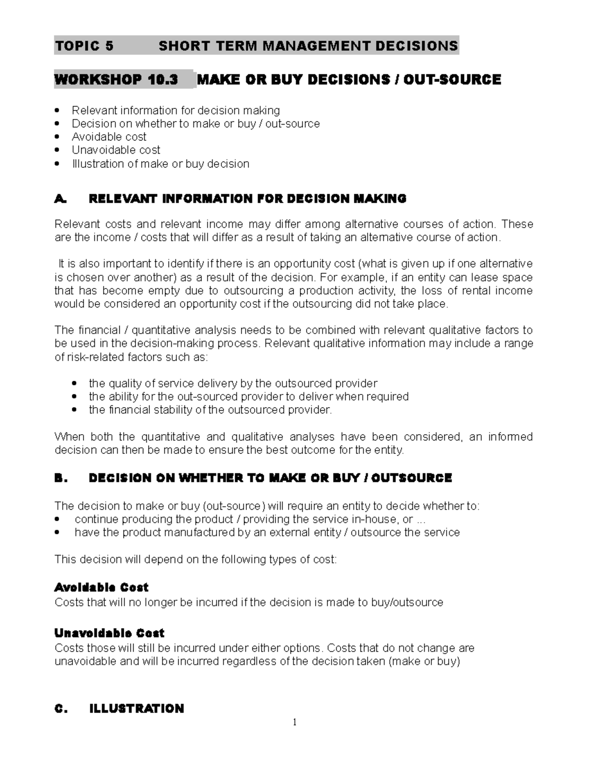 Week 4 Topic 5 Workshop 10 - TOPIC 5 SHORT TERM MANAGEMENT DECISIONS ...
