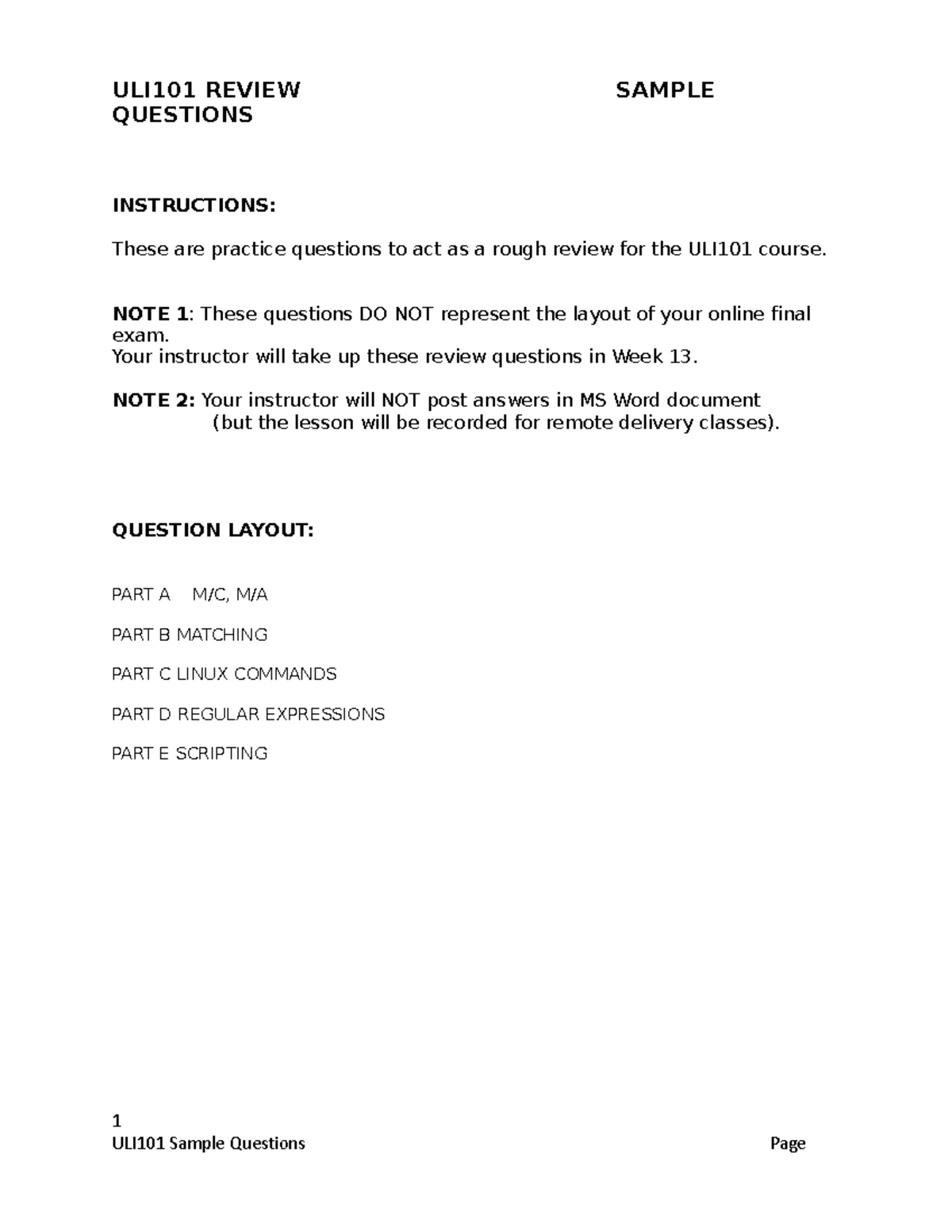 ULI 101 Final Test Review - QUESTIONS INSTRUCTIONS: These are practice ...