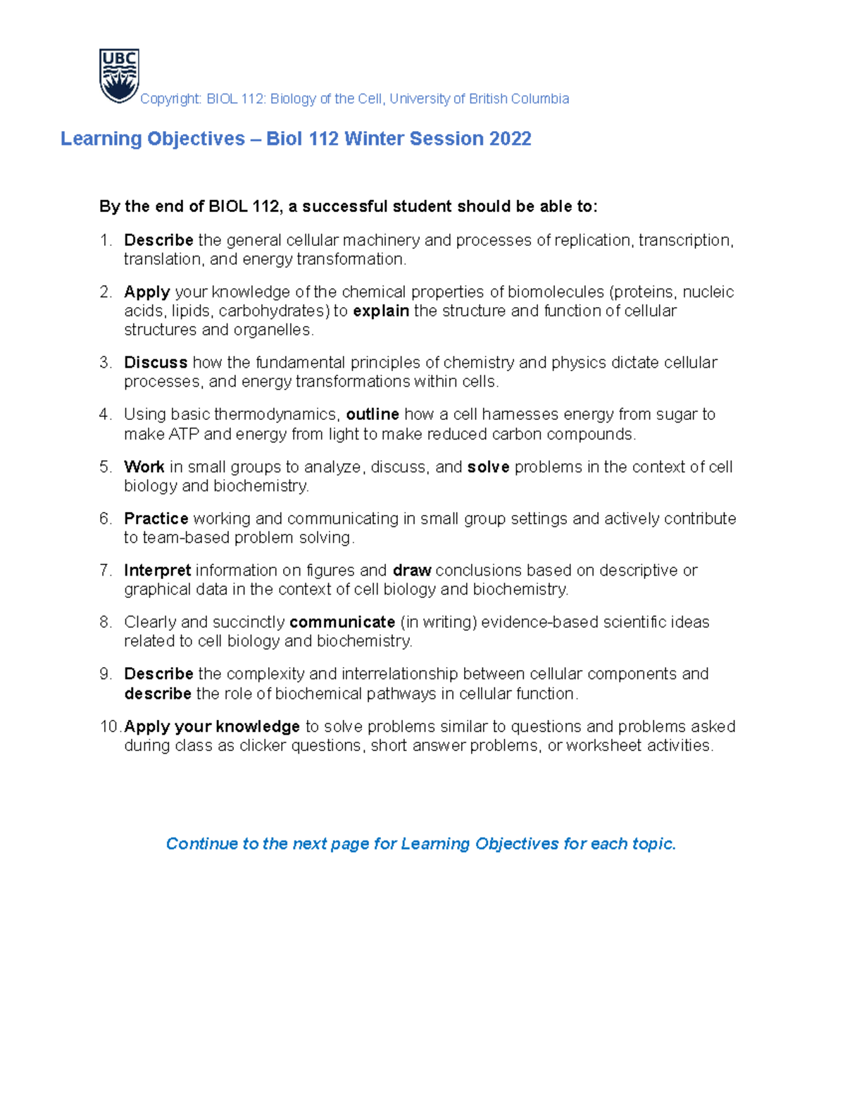 Biol 112 2022W Course Learning Objectives Student Version - Learning Objectives – Biol 112 ...