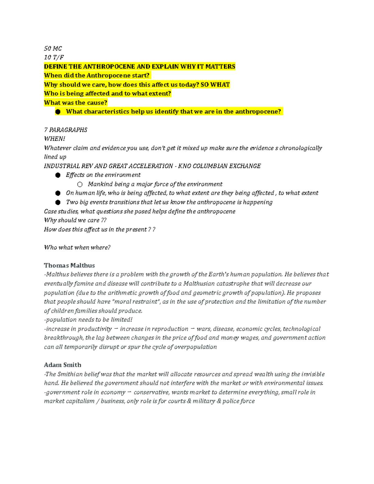ES 3 Final 2 Study Guide - 50 MC 10 T/F DEFINE THE ANTHROPOCENE AND ...