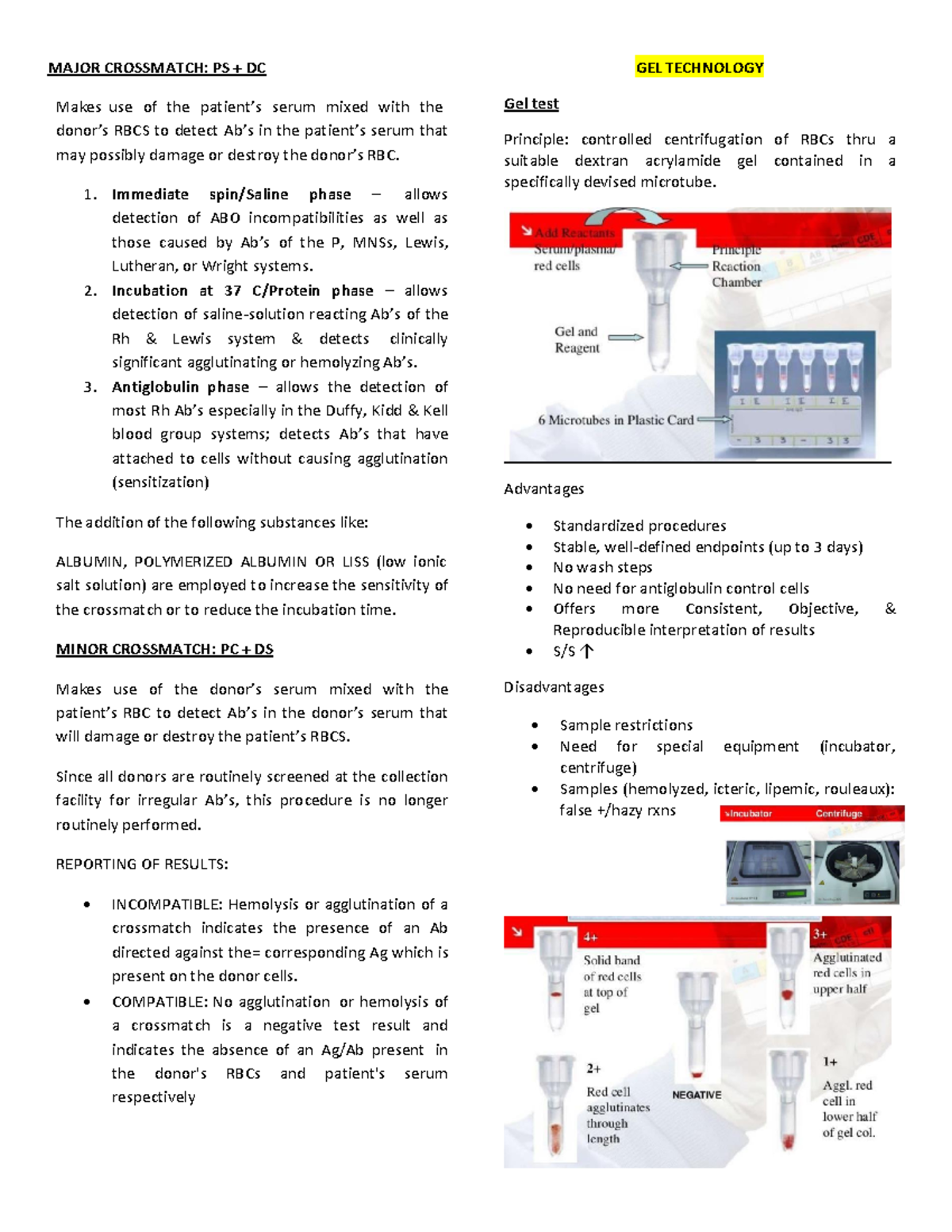 GEL Technology - MAJOR CROSSMATCH: PS + DC Makes use of the patient’s ...