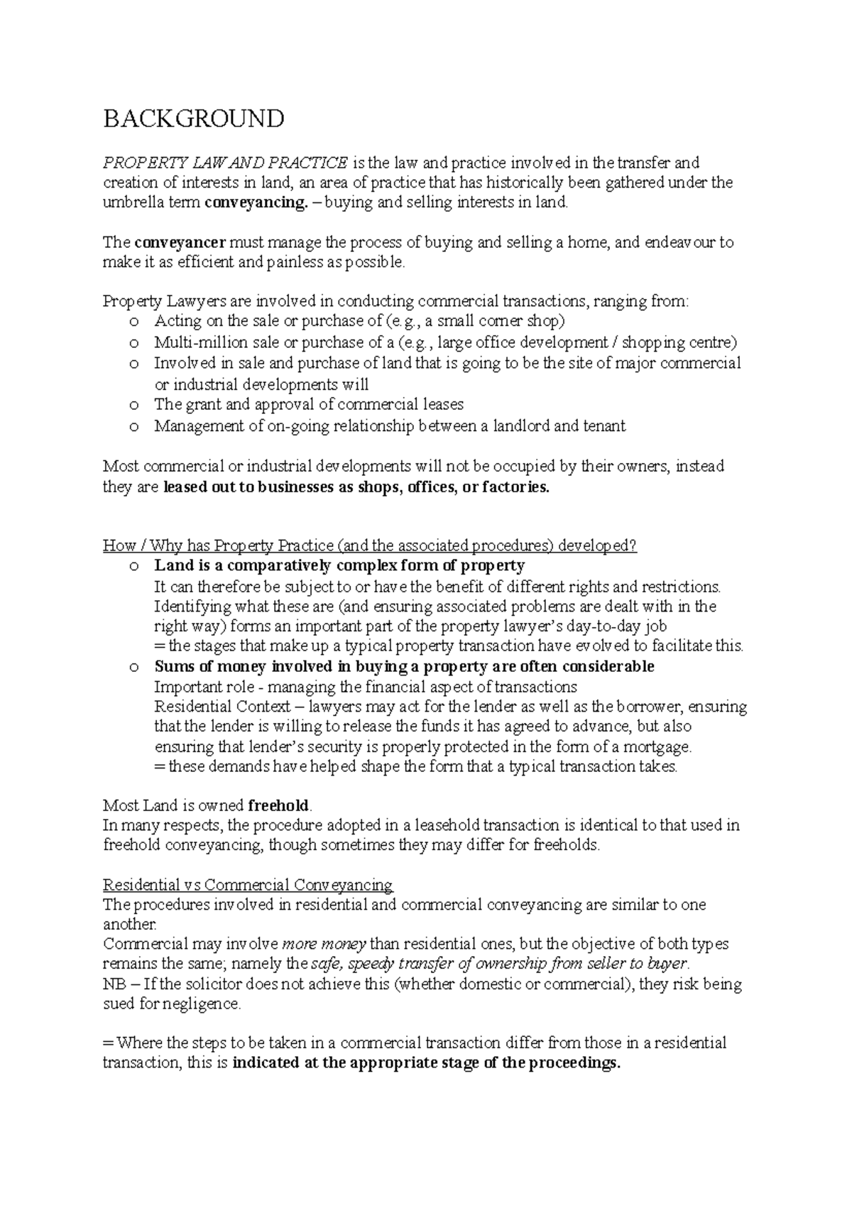 1 pre reading notes - BACKGROUND PROPERTY LAW AND PRACTICE is the law ...