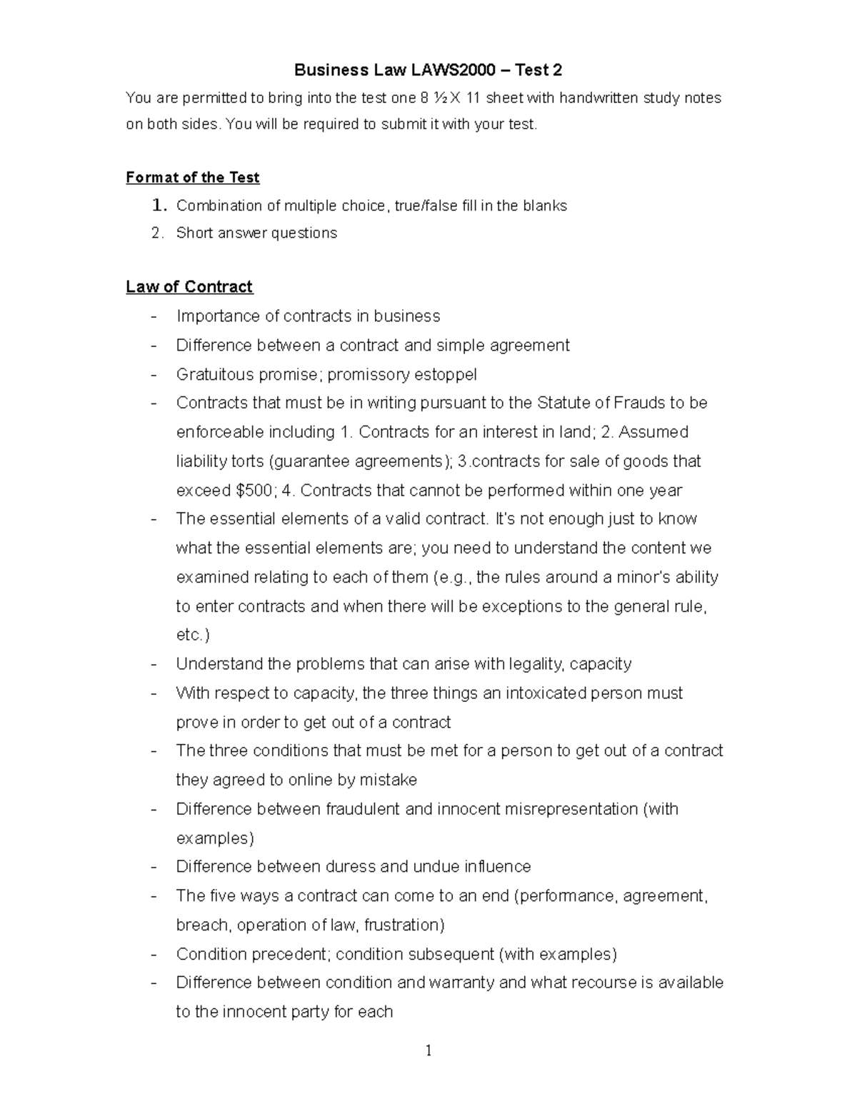 Study Guide 2 - Business law what to know for the 2 test. - Business ...