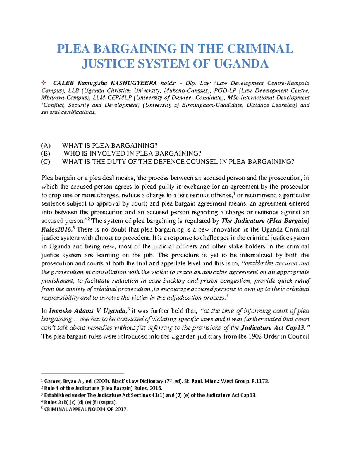 Pleas bargaining in the Criminal Justice of Uganda - PLEA BARGAINING IN ...