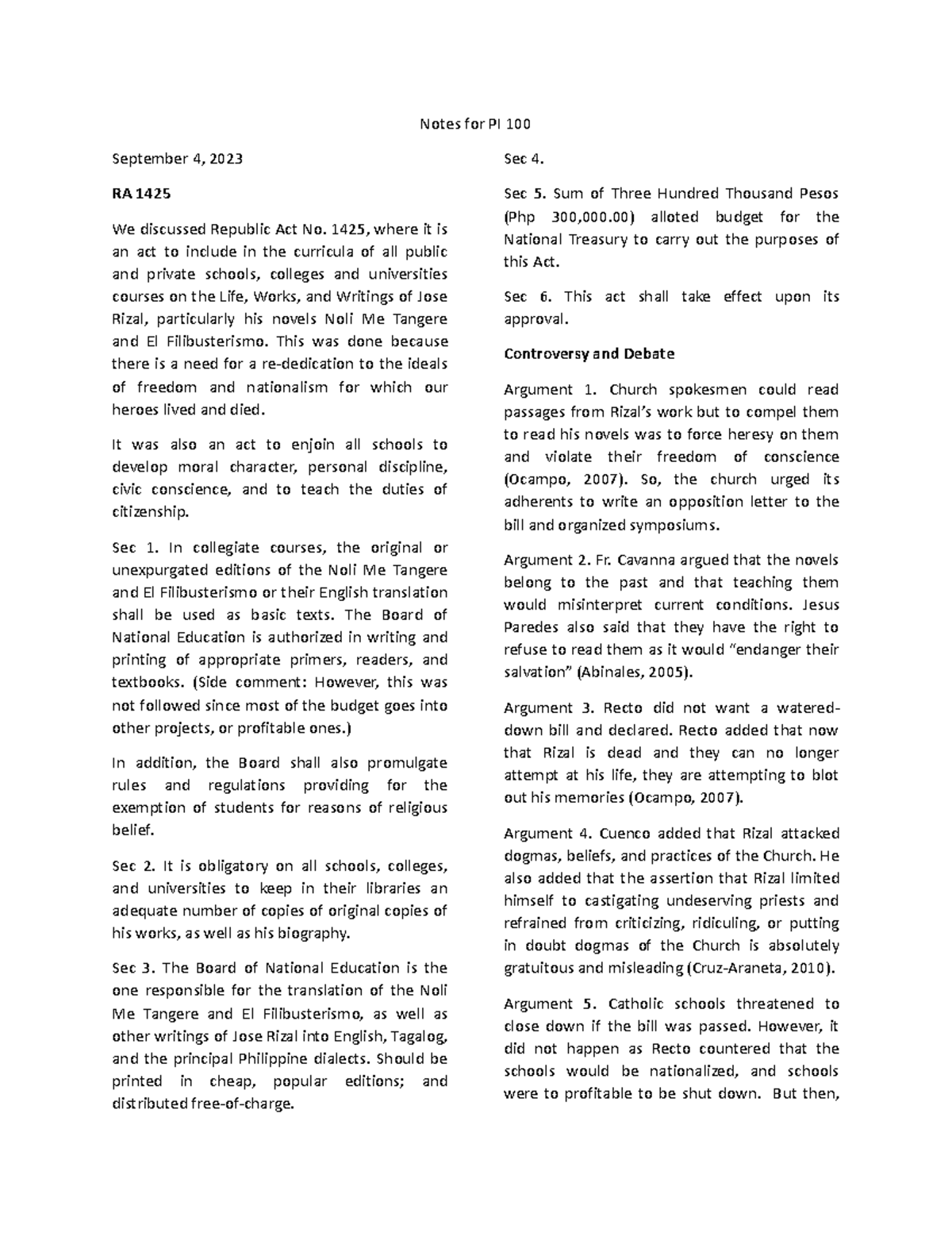 PI 100 Lecture Notes - Notes for PI 100 September 4, 2023 RA 1425 We ...