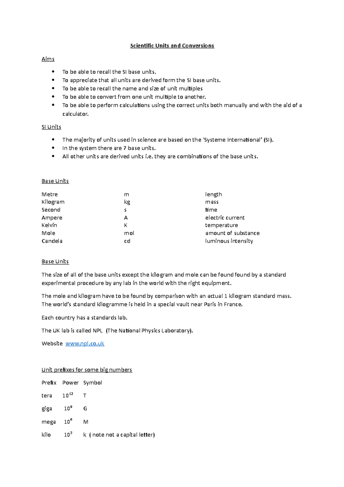 Scientific Units and Conversions Lecture Notes - Scientific Units and ...