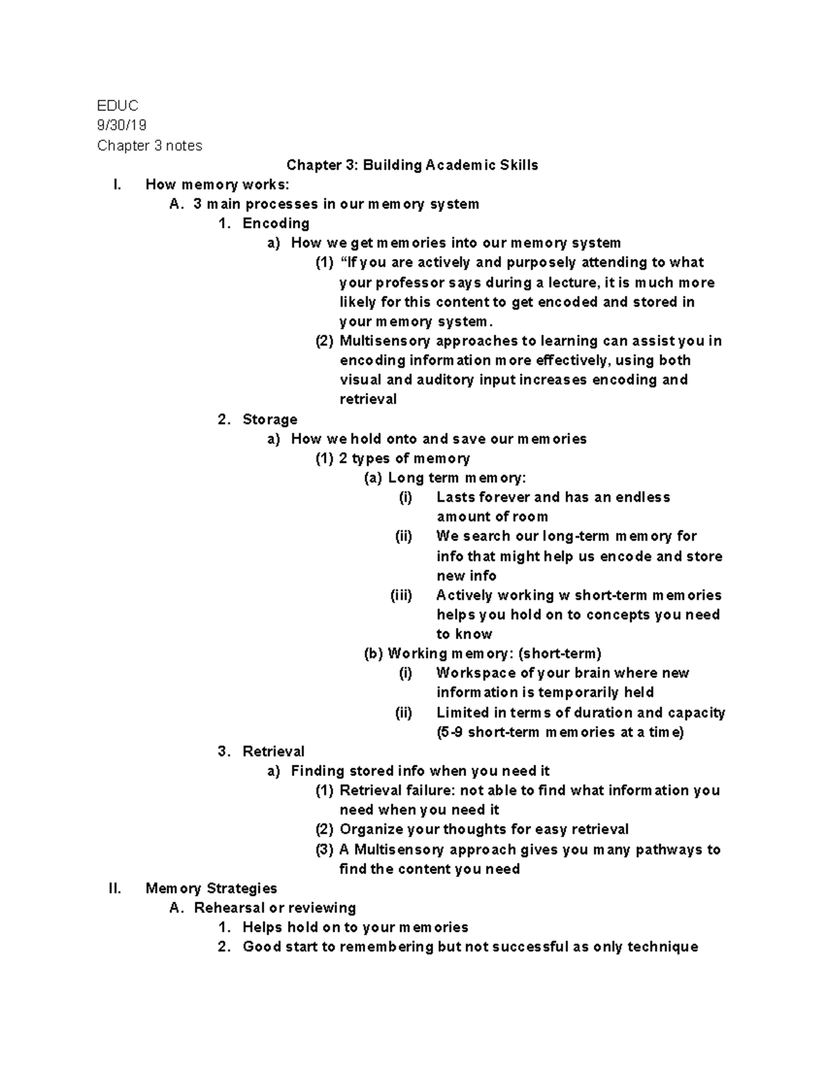 EDUC chpt 3 notes - EDUC 9/30/ Chapter 3 notes Chapter 3: Building ...