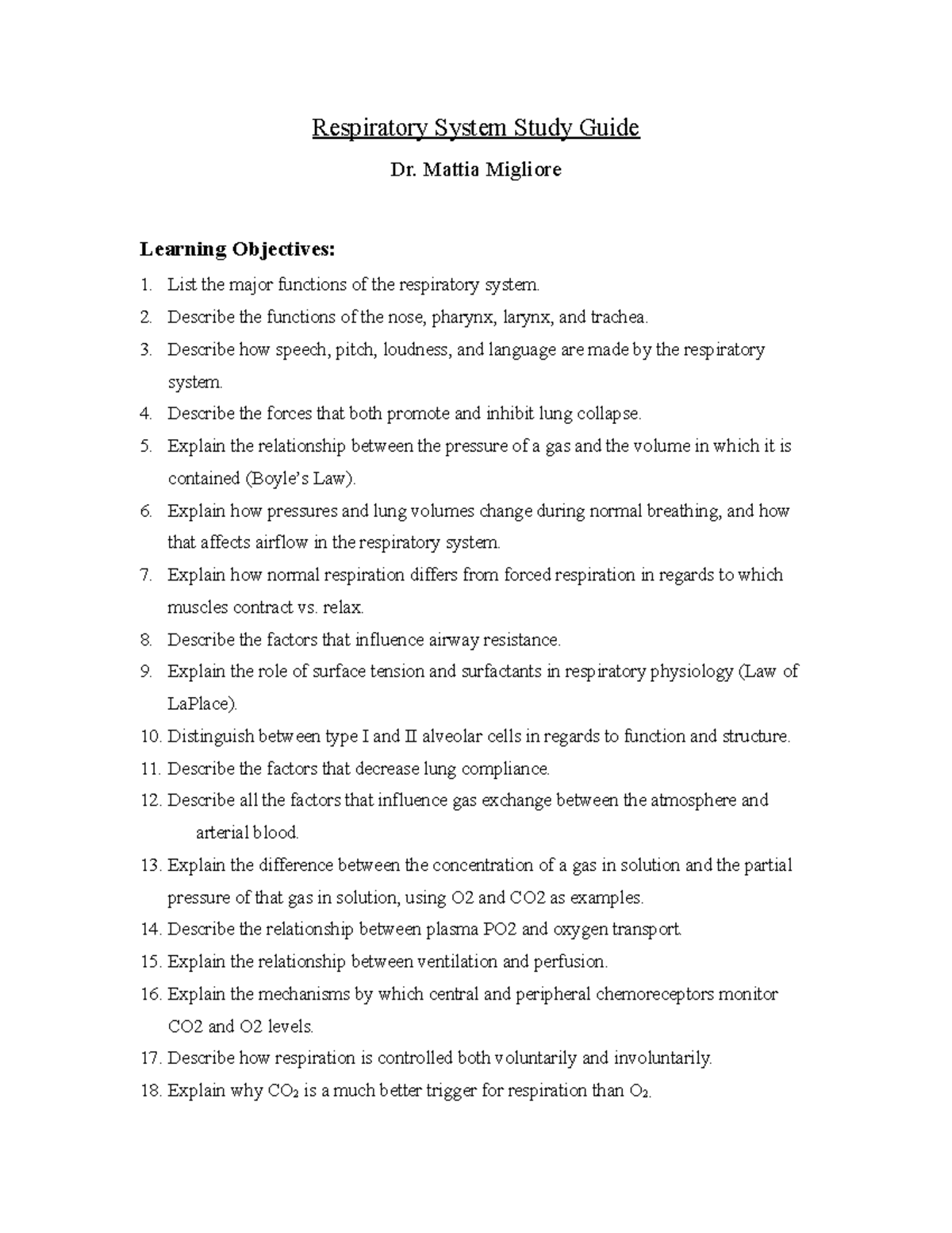 Respiratory System Study Guide - Mattia Migliore Learning Objectives ...