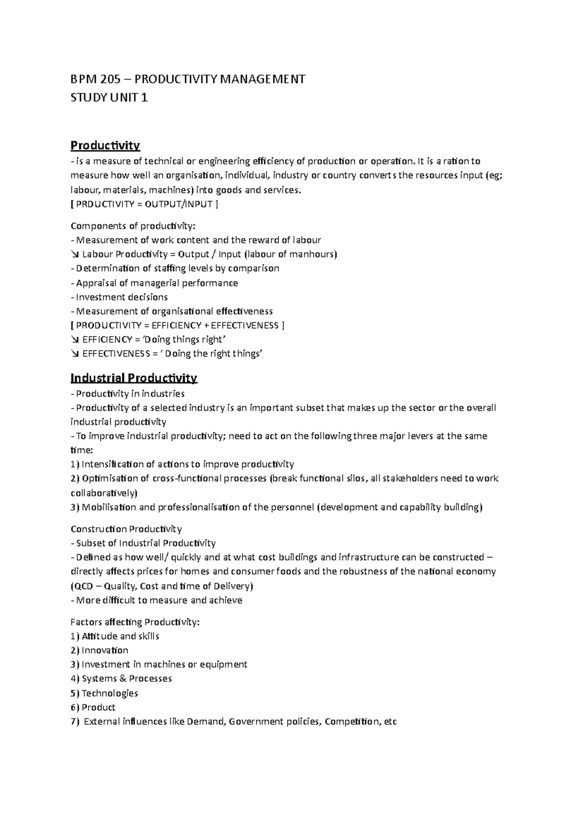 BPM 205 notes - BPM 205 – PRODUCTIVITY MANAGEMENT STUDY UNIT 1 ...