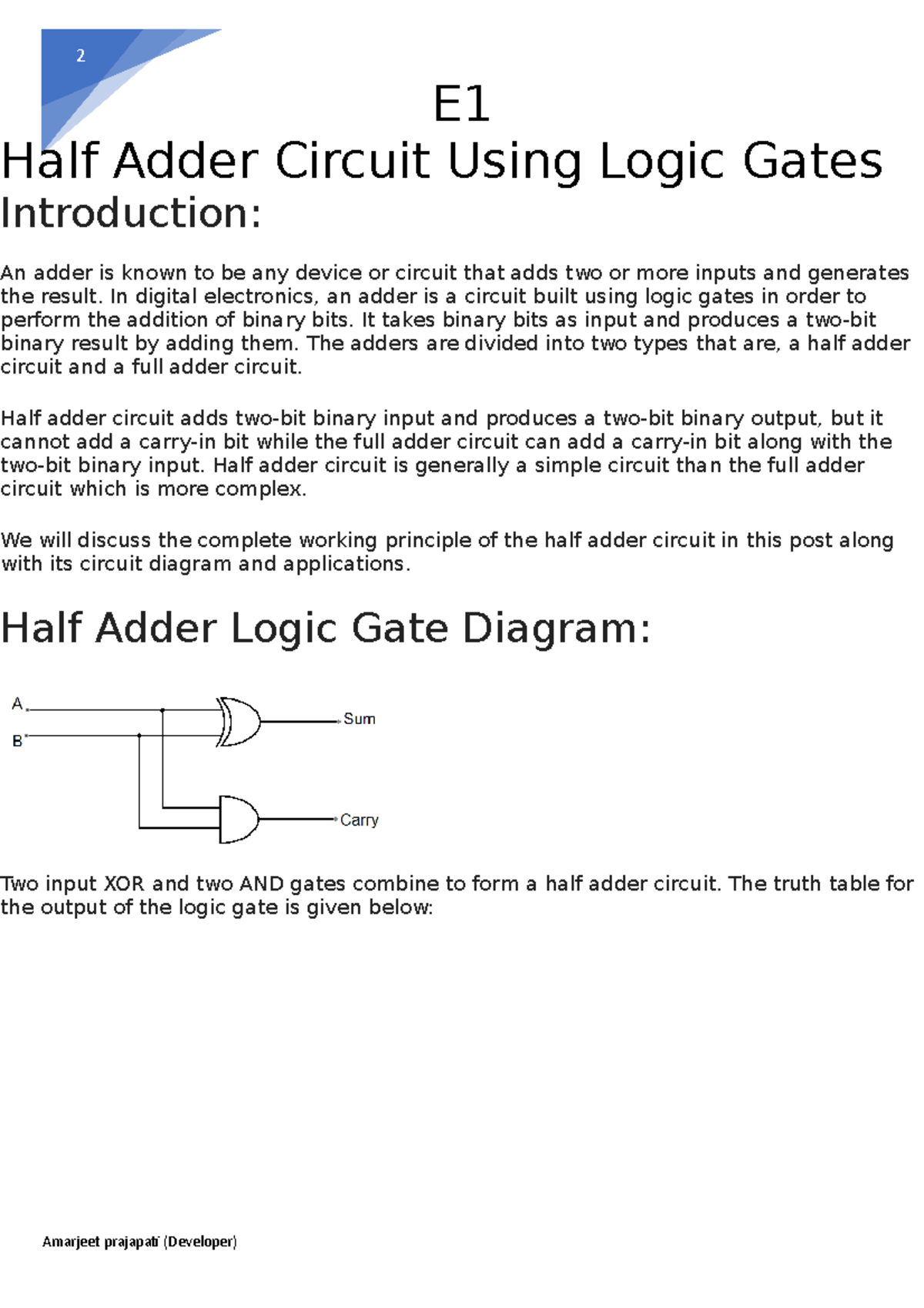 COA - abcd - E Half Adder Circuit Using Logic Gates Introduction: An ...